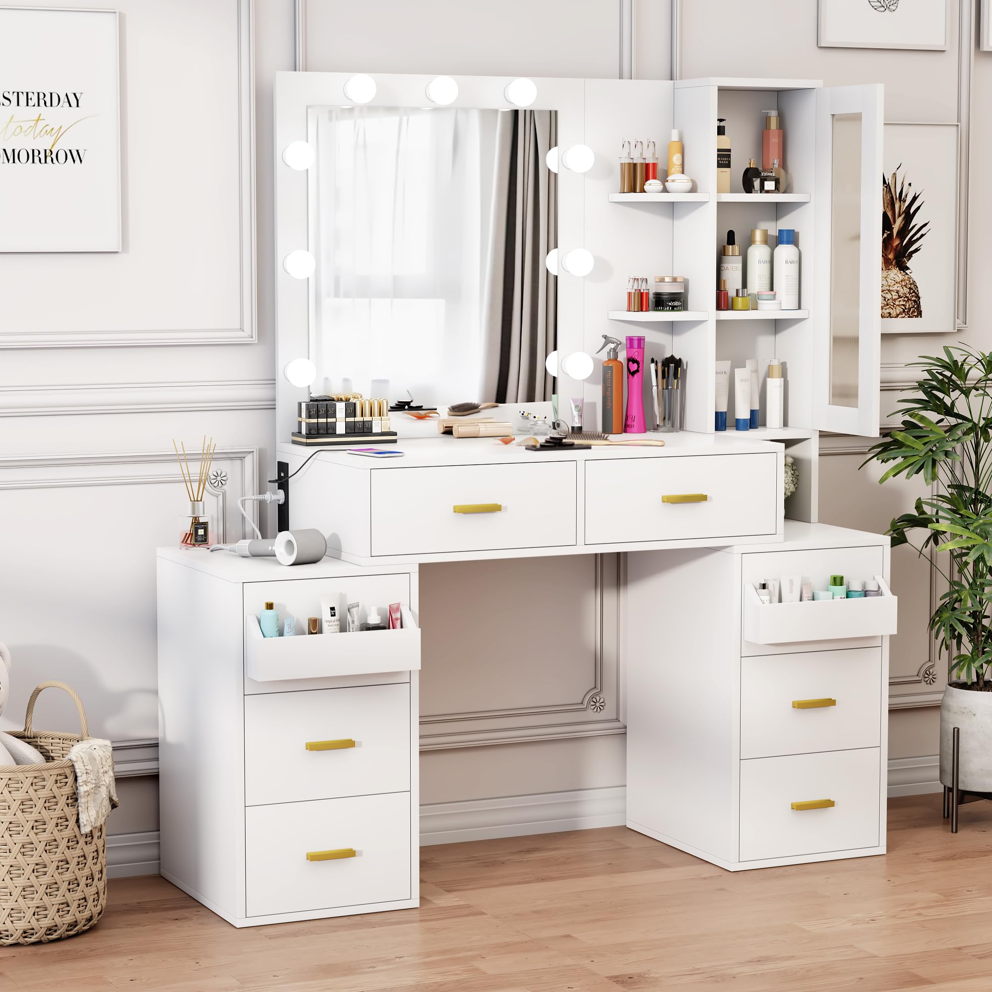 PAKASEPT Vanity Set with Lights, Makeup Vanity Desk with Tri-Fold Mirror, Dresser Table with 2 Drawer and Storage Cabinet, Cushioned Stool for Women Girls White