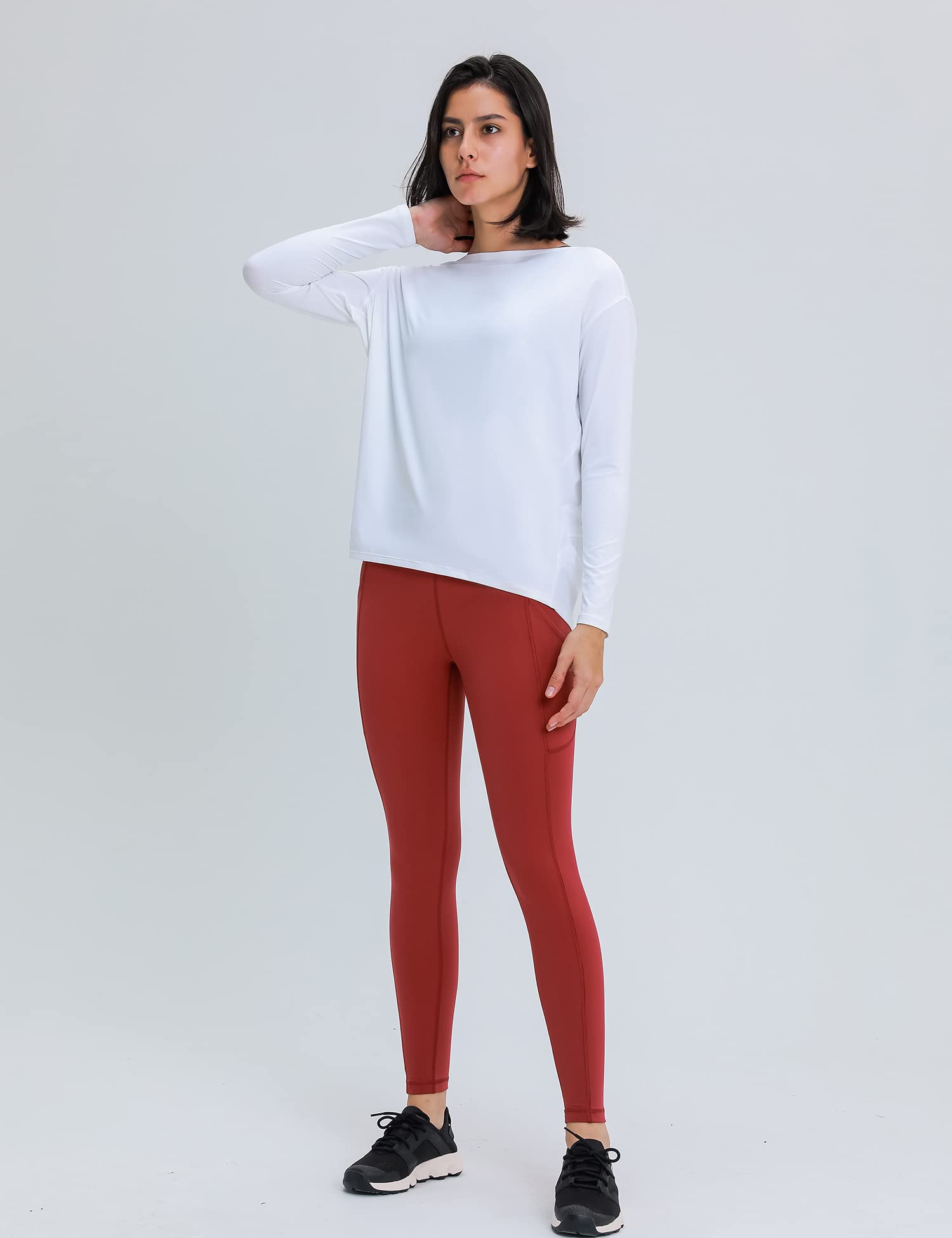 YQBFIT Women's Athleisure Clothes Loose Workout Tops for Women Long Sleeve Athletic Shirts Womens Pullover Workout White