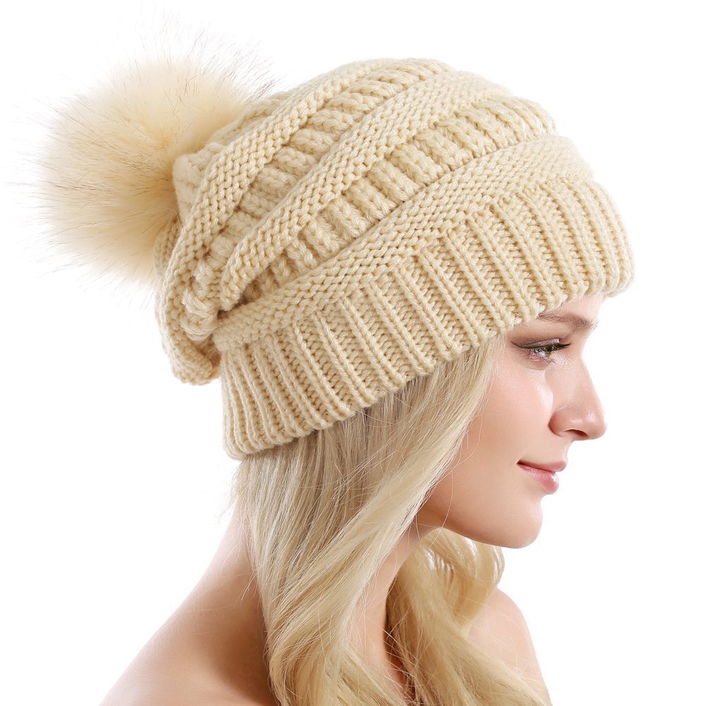 QUEENFUR Women Knit Slouchy Beanie Chunky Baggy Hat with Faux Fur Pompom Winter Soft Warm Ski Cap