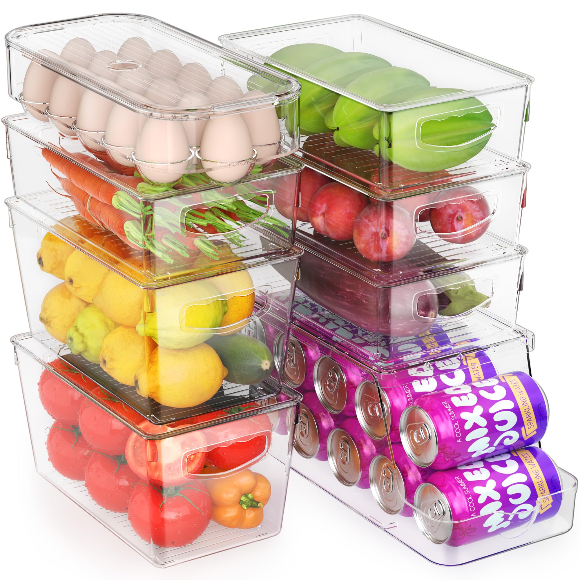 Refrigerator Organizer Bins-10 Pack Fridge Organizers and Storage Clear with Lids Stackable Storage Bins Plastic Clear Containers for Organizing for Kitchen Cabinet Pantry Bins