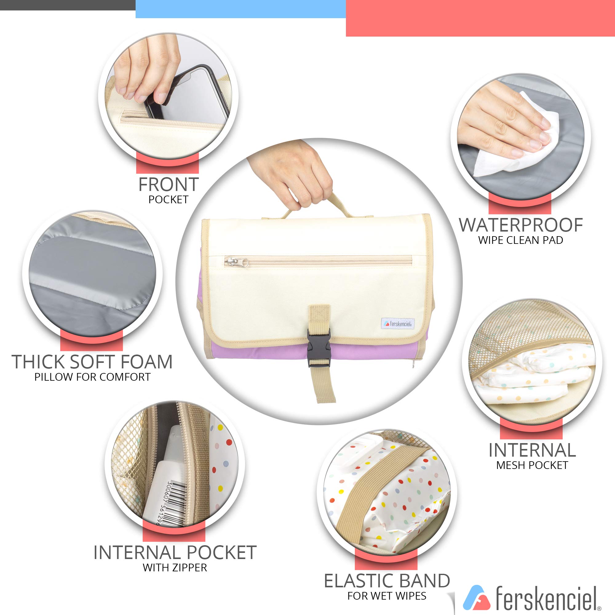 Portable Baby Diaper Changing Pad (Bubblegum) by Ferskenciel. Travel Nappy Change Station with Comfy Padding, Head Pillow, Stroller Strap & Zipper Pockets. Large, Foldable, Waterproof & Easy-Wipe Mat