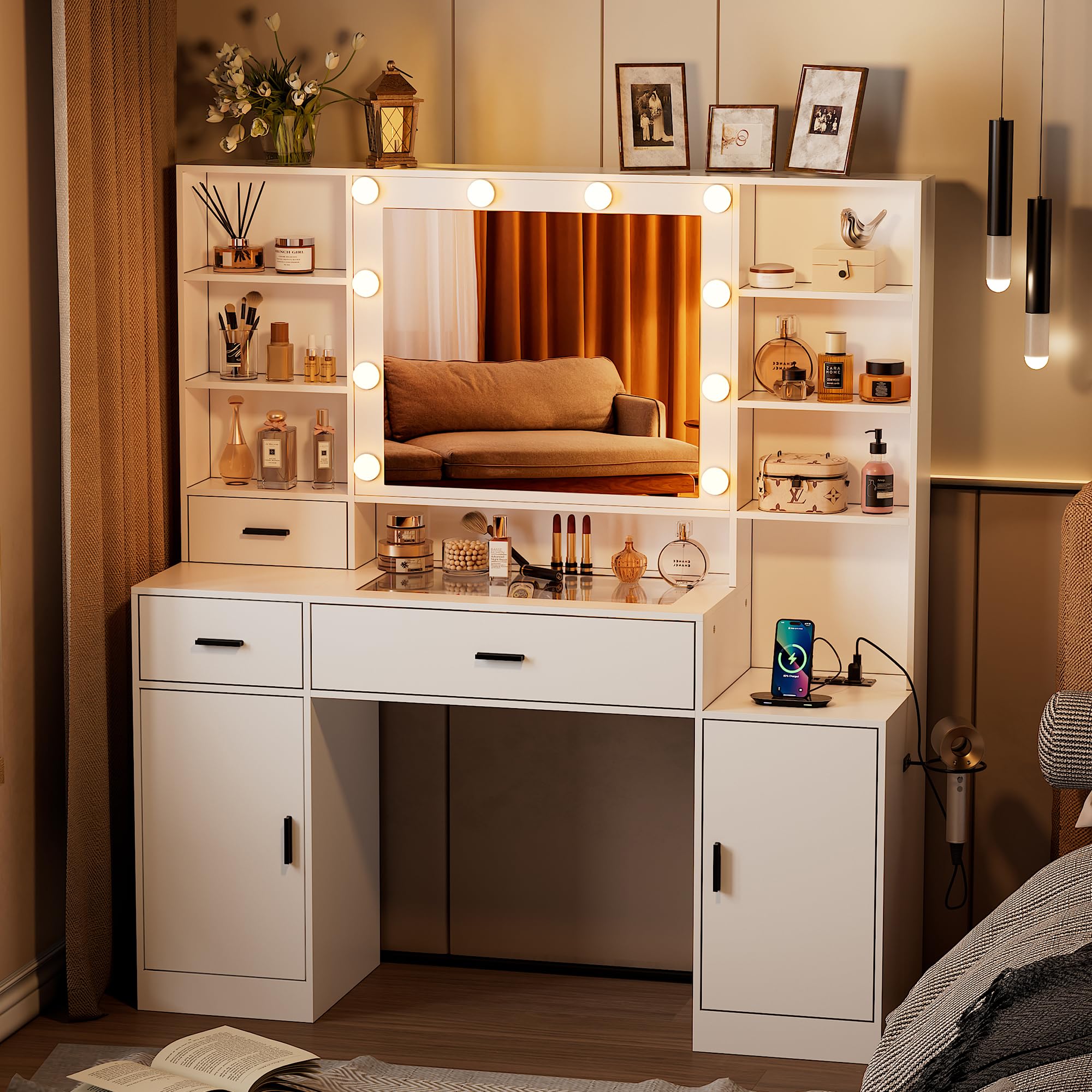 PAKASEPT Vanity Set with Lighted Mirror, Makeup Vanity with 3 Lighting Options and Charging Station, Large Vanity Desk with Storage Shelves, 5 Drawers, Glass Cabinet