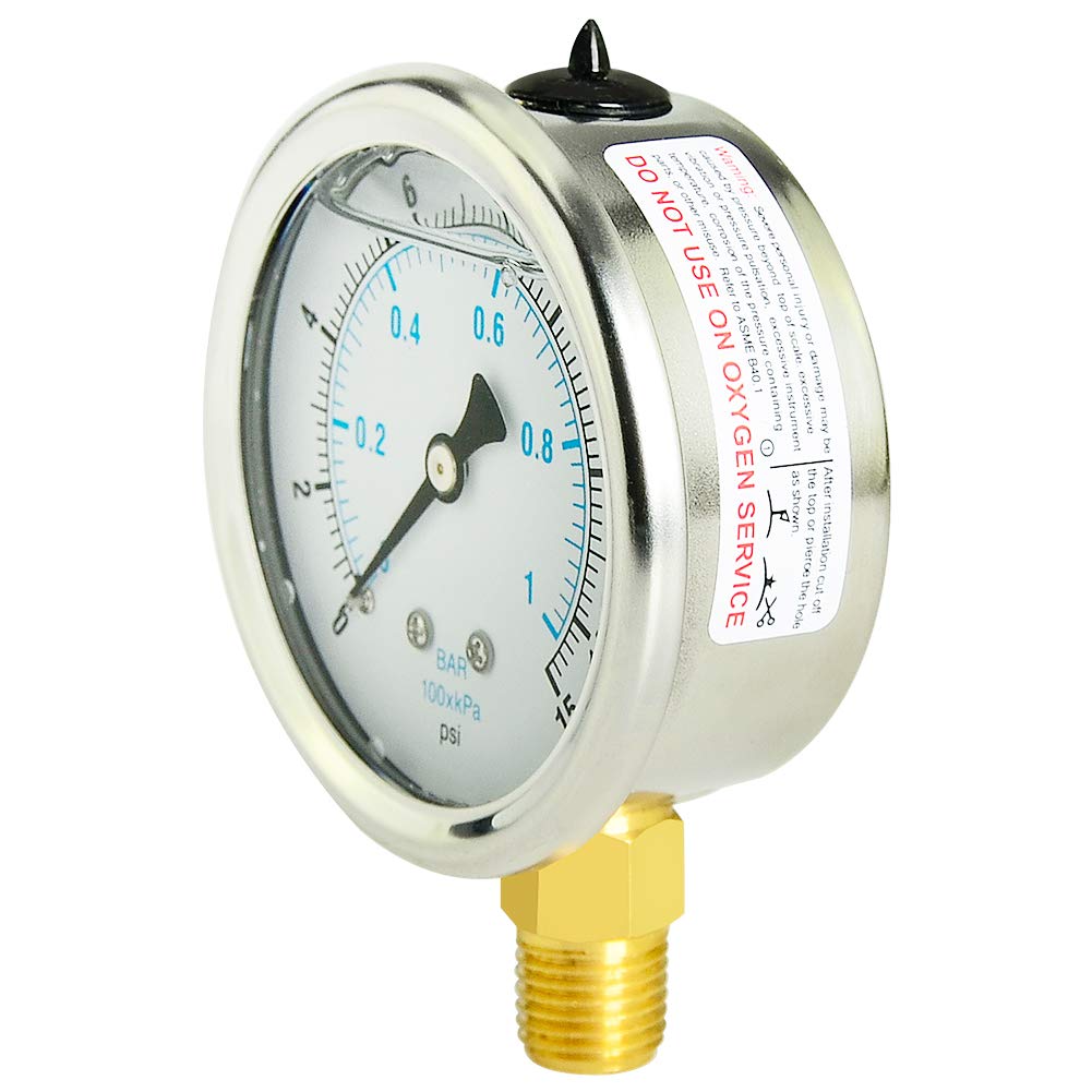 Taisher Liquid Filled Pressure Gauge, 0-15psi/kpa, 304 Stainless Steel Case, 1/4"NPT Lower Mount