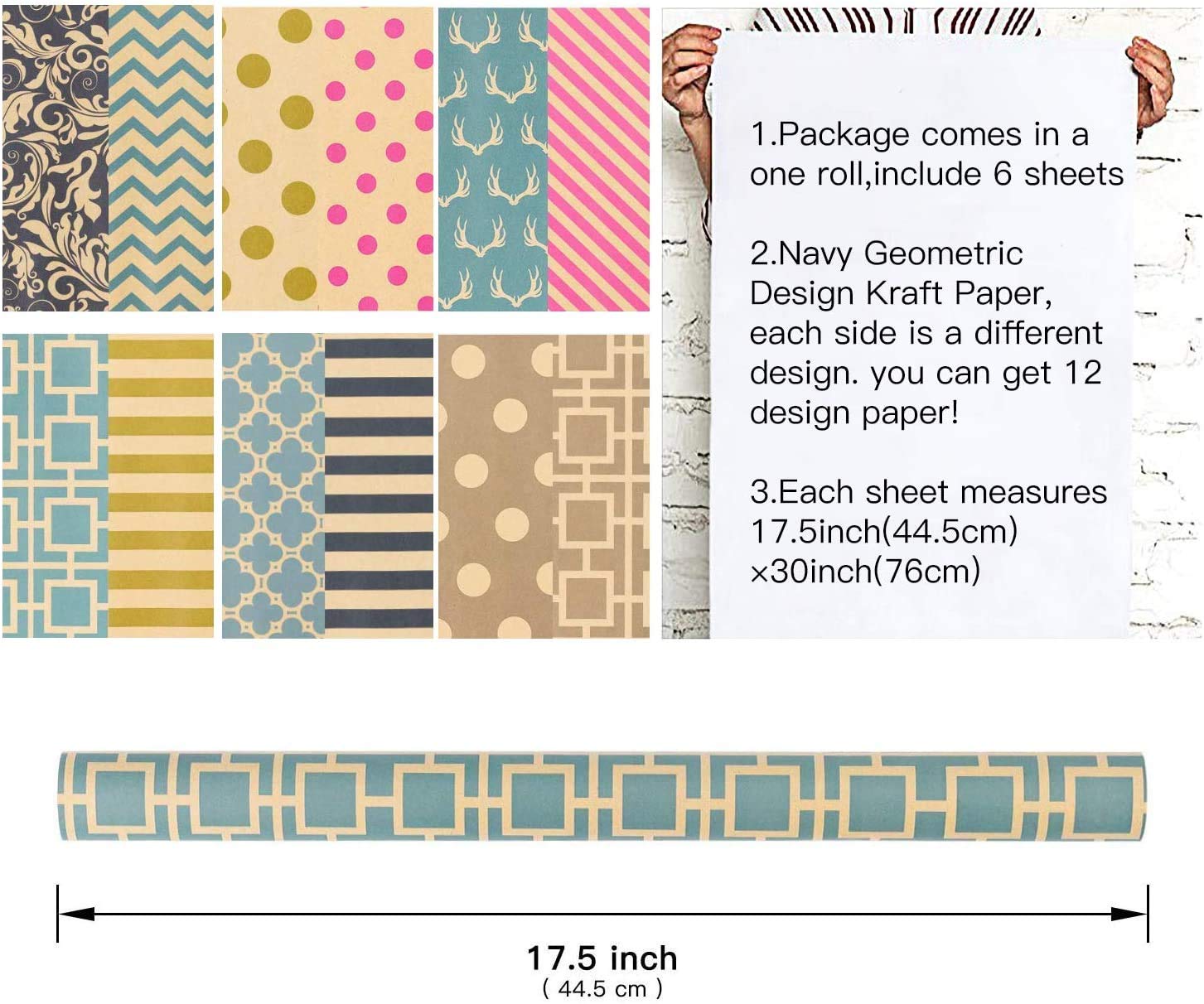 RUSPEPA Reversible Kraft Wrapping Paper Sheet - Navy Geometric Design Kraft Paper - 6 Sheets Packed as 1 roll - 17.5 x 30 inches per Sheet