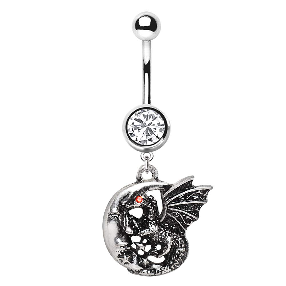 Pierced Owl Dragon in Crescent Moon Fantasy Dangling Charm Belly Button Navel Ring
