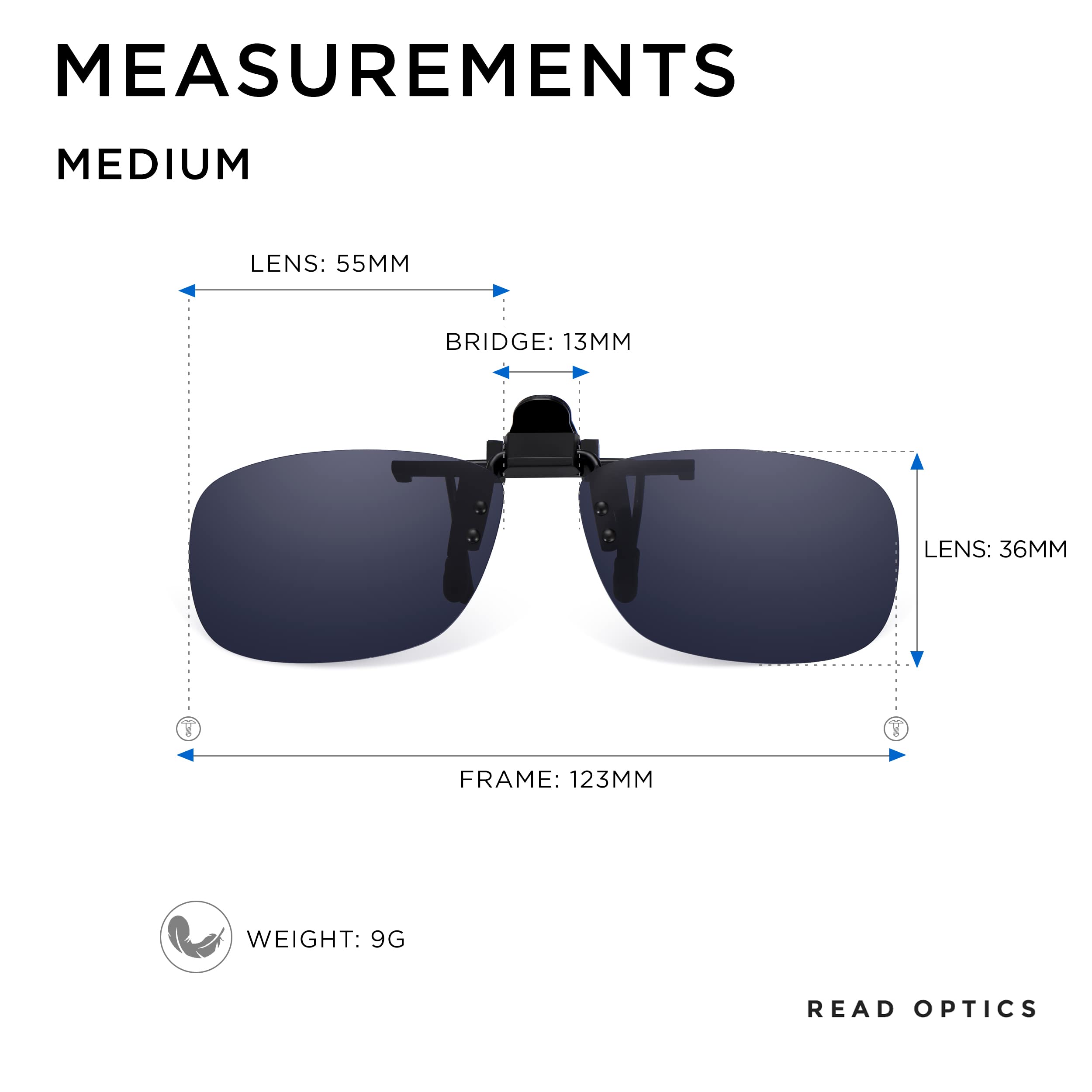 Read Optics Clip On Sunglasses over Prescription & Non Prescription Glasses with Easy Attachment, Polarized UV Protection, Flip Up Rimless Lightweight Lenses
