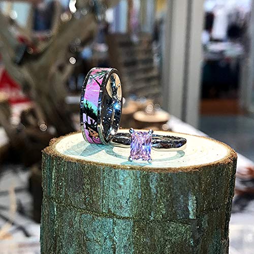 Pink Women`s Stanless Steel Camo and Sterling Silver Tourmaline Engagement Wedding Rings Set (10)