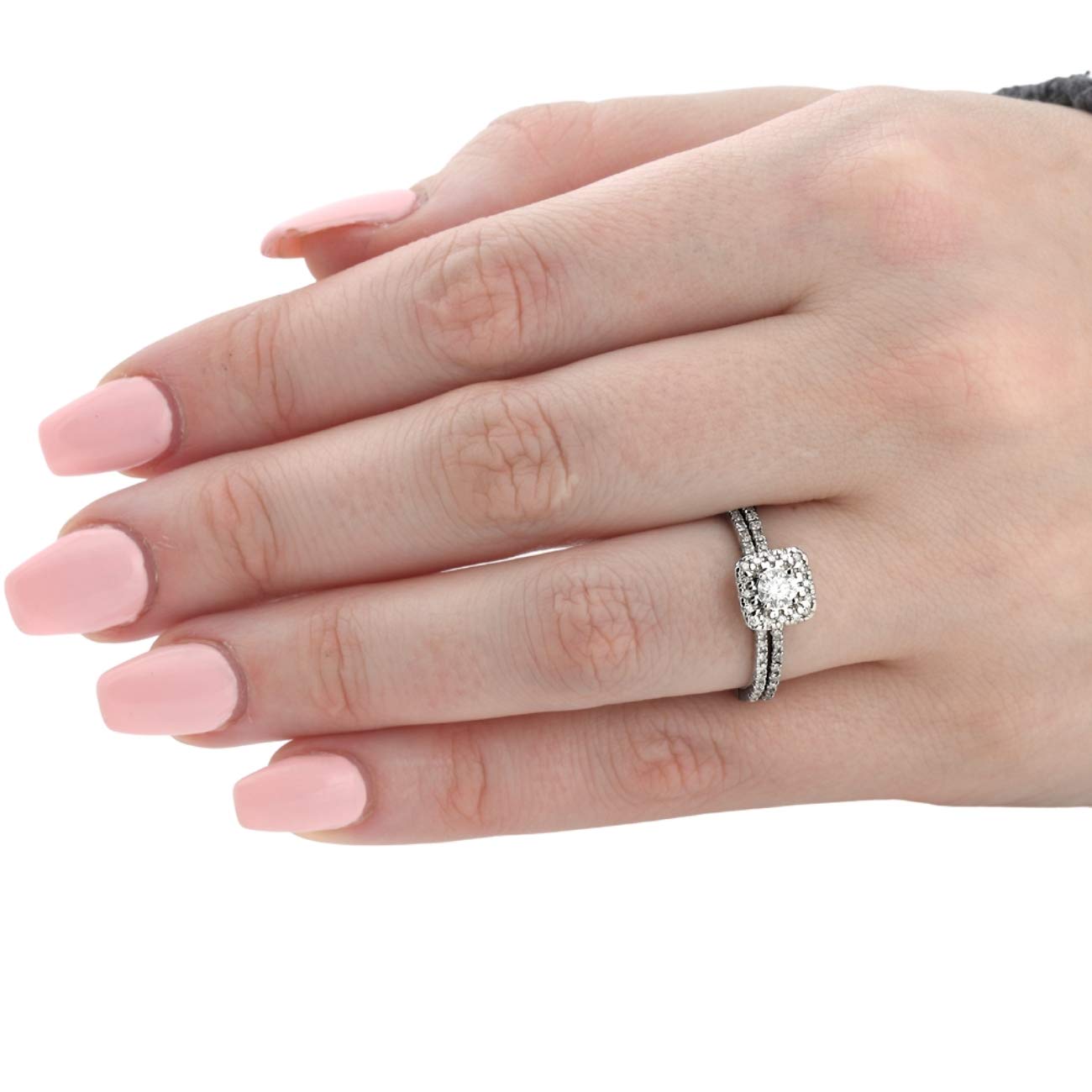 Pompeii3 10k White Gold 5/8Ct TW Round-Cut Natural Diamond Cushion Halo Engagement Ring With Matching Wedding Band Set Women's