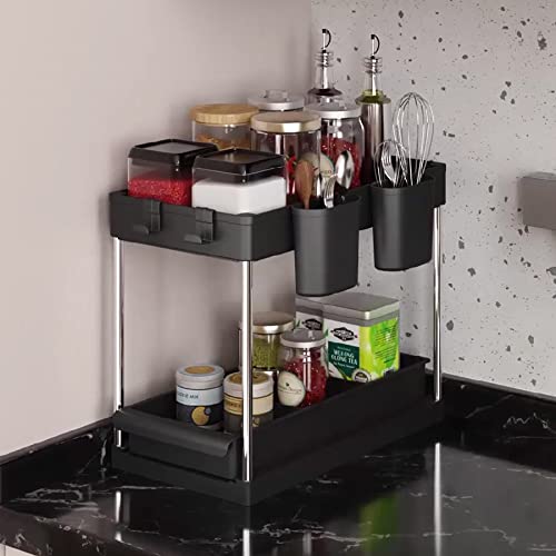 XIBALAGA Under Sink Organizer,2 Tier Under Sink Organizers And Storage For Kitchen Bathroom,Under Sink Cabinet Organizer,Multi-purpose Stable And Sturdy Countertop Organizer (black one sliding)