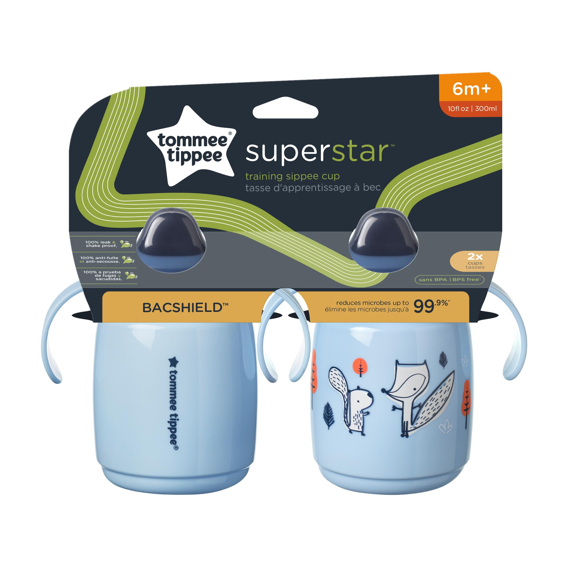 Tommee Tippee Superstar Trainer Sippy Cup for Toddlers, INTELLIVALVE Leak-Proof & Shake-Proof (10oz, 6+ Months, 2 Count), Blue