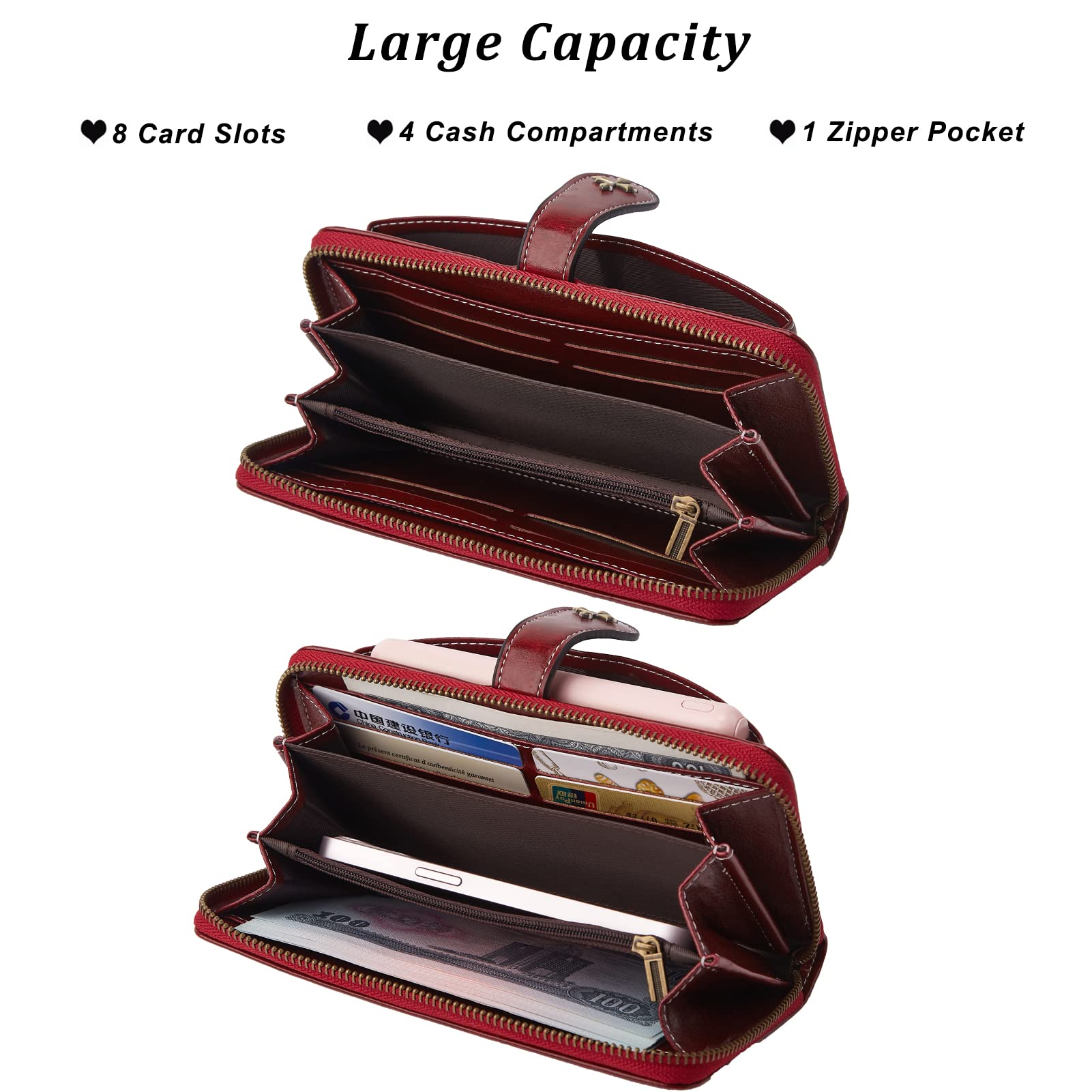 ZHIERNA PU Leather Wallet for Women, Credit Card Holder for 6.67in Cellphone, Zipper Around Wristlet Wallets (Wine Red)