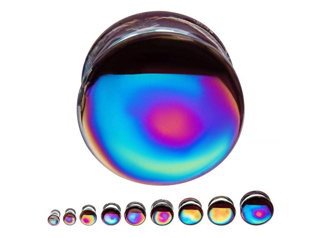 Pierced Owl Front Facing Metallic Rainbow Oil Slick Glass Saddle Plugs, Sold as a Pair (12mm (1/2"))