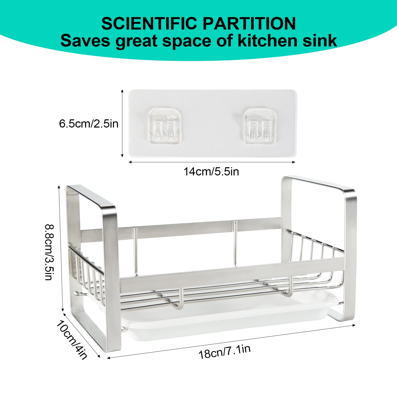 TEZZ Sponge Holder for Kitchen Sink- Stainless Steel Kitchen Storage Sink Caddy for Organizing Sponge, Brush & Dish Soap Dispenser, Kitchen Sink Organizer Rack with Adhesive or Counter top, Silver