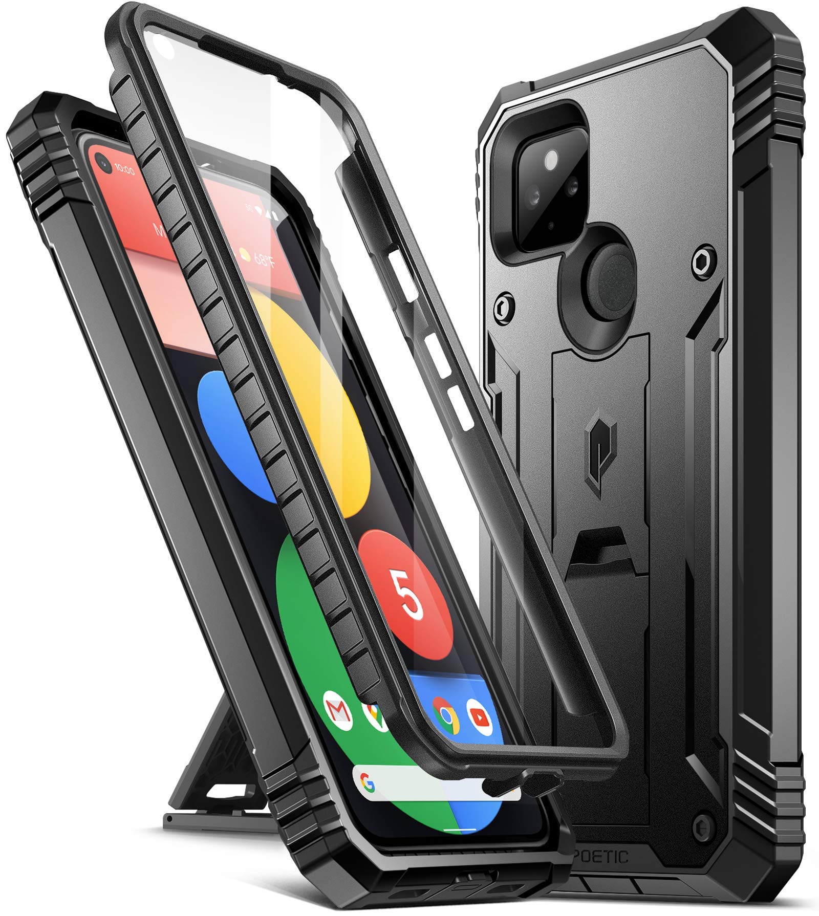 Poetic Revolution Series for Google Pixel 5 Case, Full-Body Rugged Dual-Layer Shockproof Protective Cover with Kickstand and Built-in-Screen Protector, Black
