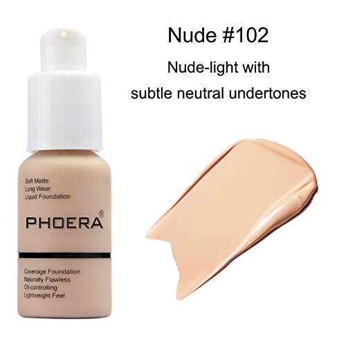 PHOERA 30ml Foundation Liquid Full Coverage 24HR Matte Oil Control Concealer (Nude #102) with Face Primer & Air Cushion CC Cream BB Cream Mushroom Head Foundation & Petal-Shaped Cosmetics Brush