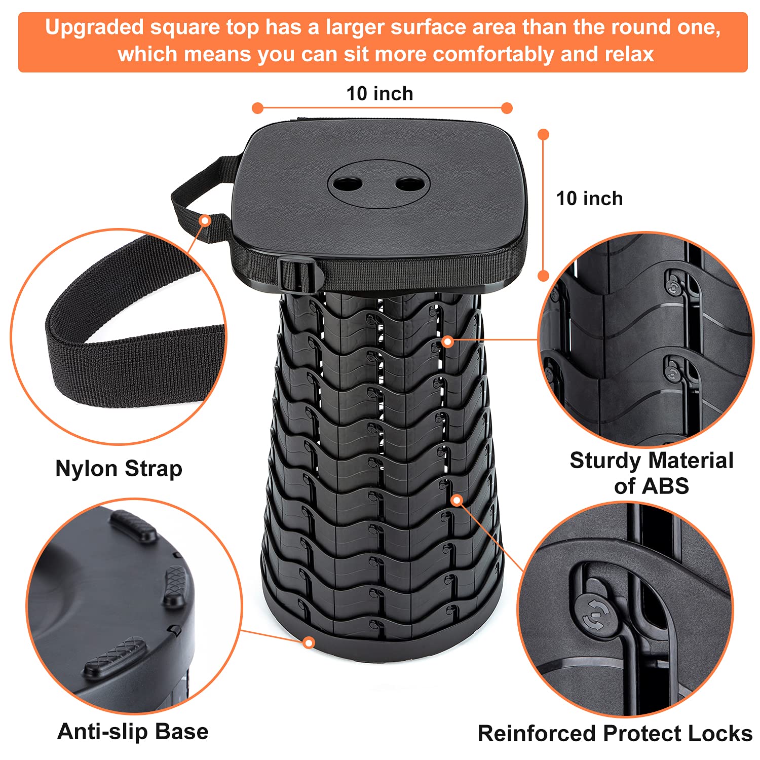 Tiovo Folding Camping Stool, Square Collapsible Portable Stool with Seat Cushion & Nylon Bag, Sturdy Lightweight Telescoping Foldable Stool for Adults Camp, Max Load 550lb (Black)