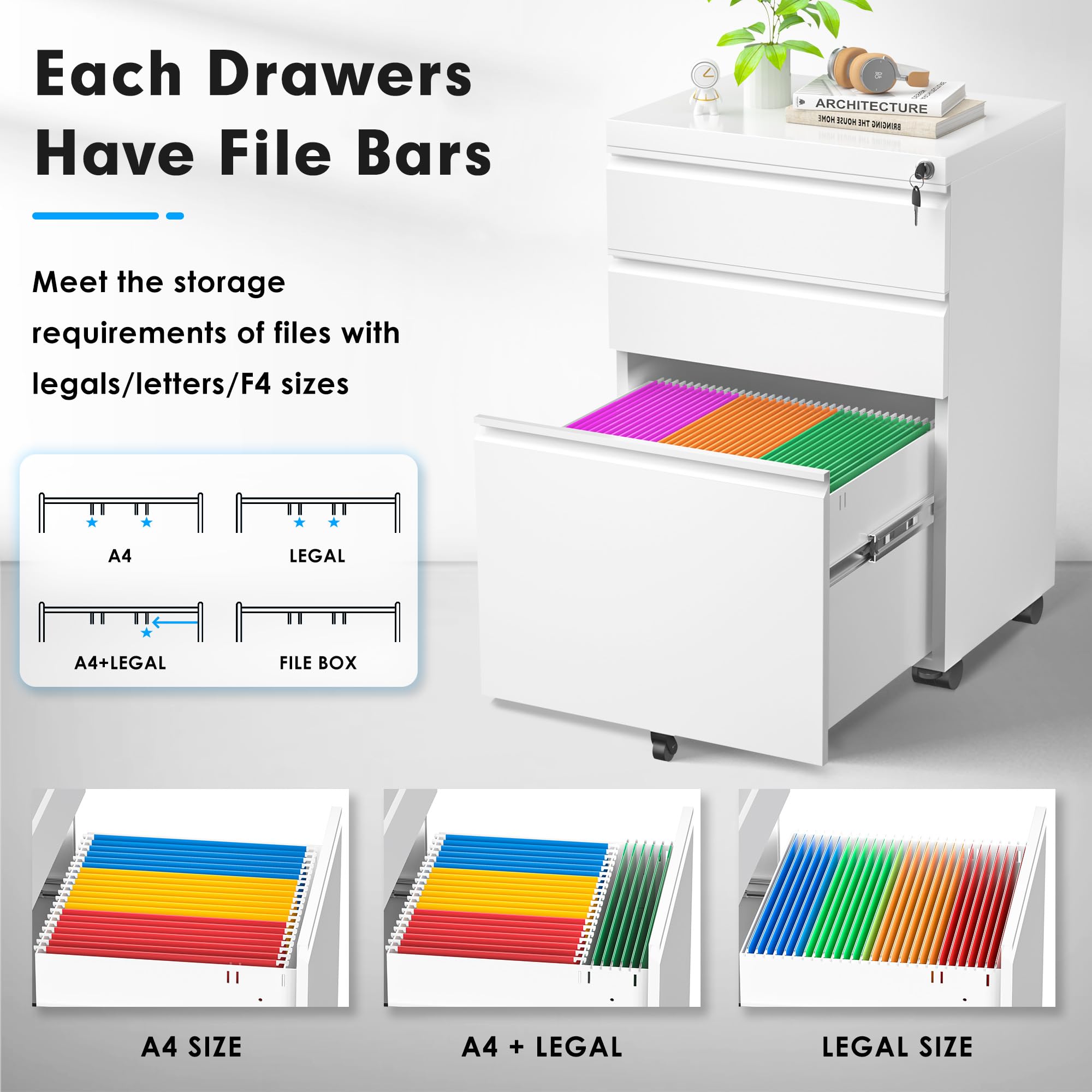 Pataku White File Cabinet 3 Drawer, Mobile File Cabinet with Lock and Wheels, Under Desk Metal Filing Cabinet for Office,Lockable Rolling Cabinet with 2 Keys for Legal/Letter/A4 Size, Easy Assemble