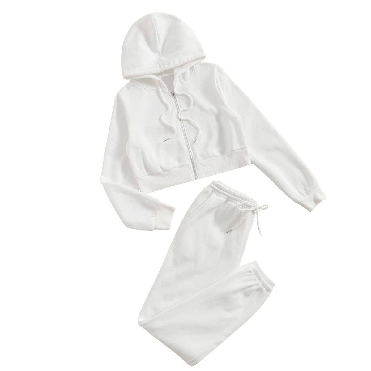 SweatyRocks Women's 4 Piece Outfits Long Sleeve Drawstring Zip Up Crop Hoodie Top and Pants Set White M