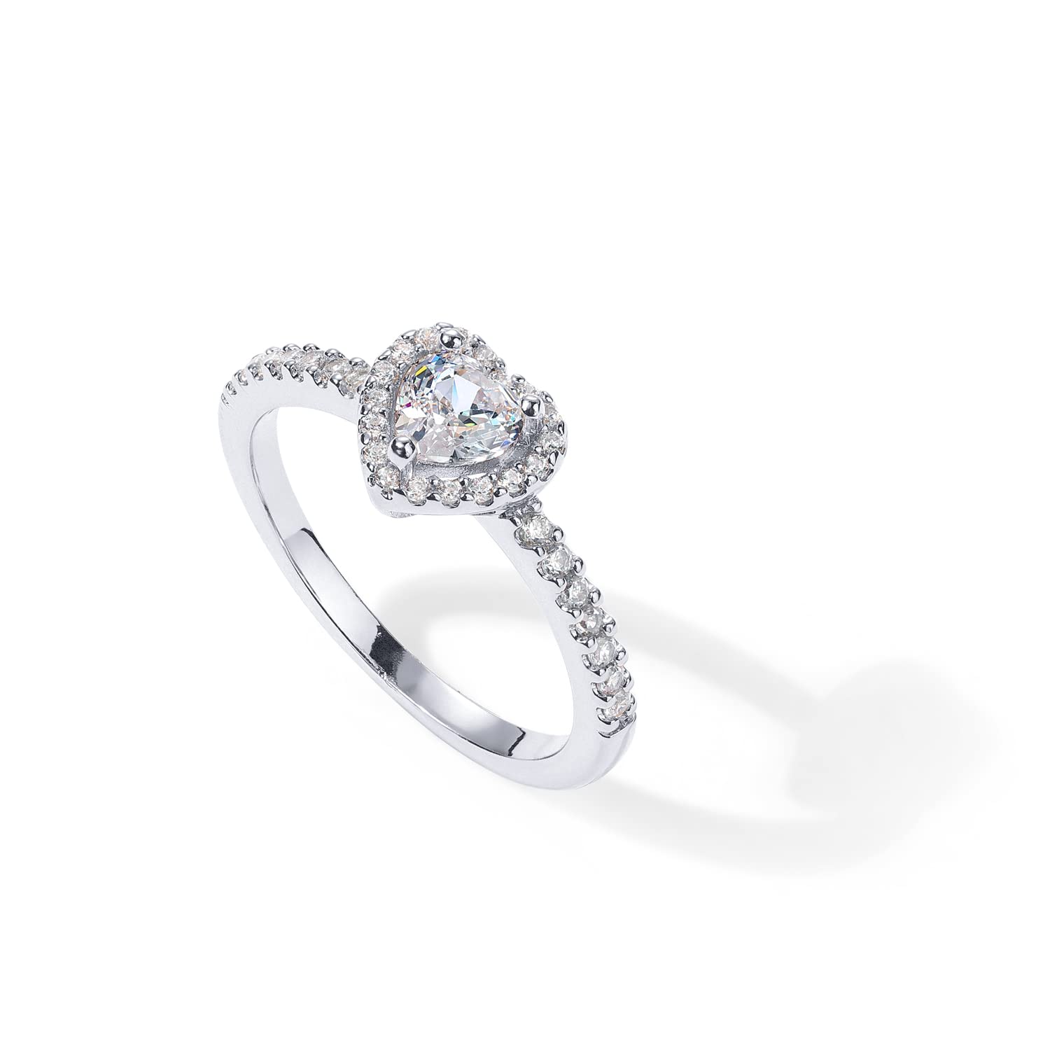 PAVOI 14K Gold Plated Heart Halo Ring for Women | Promise Rings for Her (White Gold, 5)
