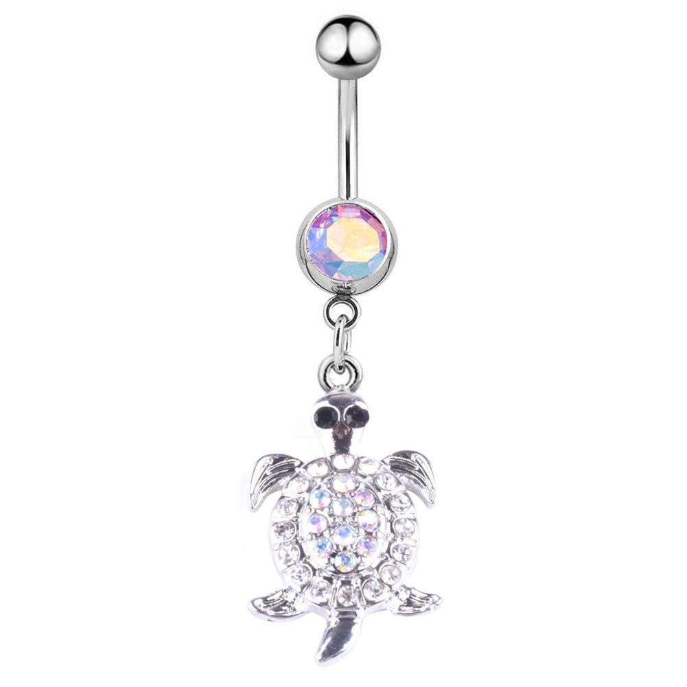 Shuning 5PCS 14G Stainless Steel Belly Button Rings for Women Turtle Elephant CZ Navel Rings Dangle Body Piercing Jewelry