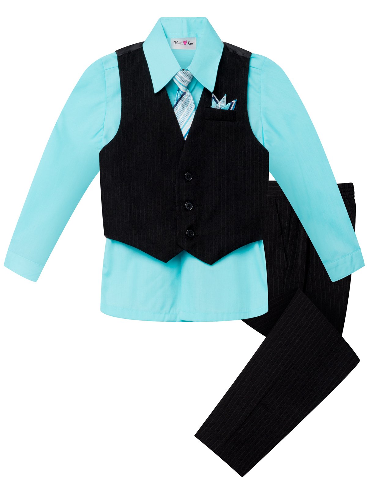 OLIVIA KOO Boys Colored Shirt Pinstripe 4 Piece Pinstriped Vest Set Size Infant-Boy,Aqua,14