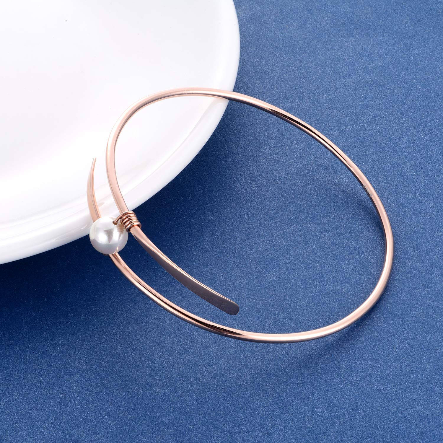 POPLYKE Sterling Silver 18K Rose Gold Single Freshwater Pearl Bangle Bracelets Wedding Bridesmaids for Women Mom (18k rose gold bangle)