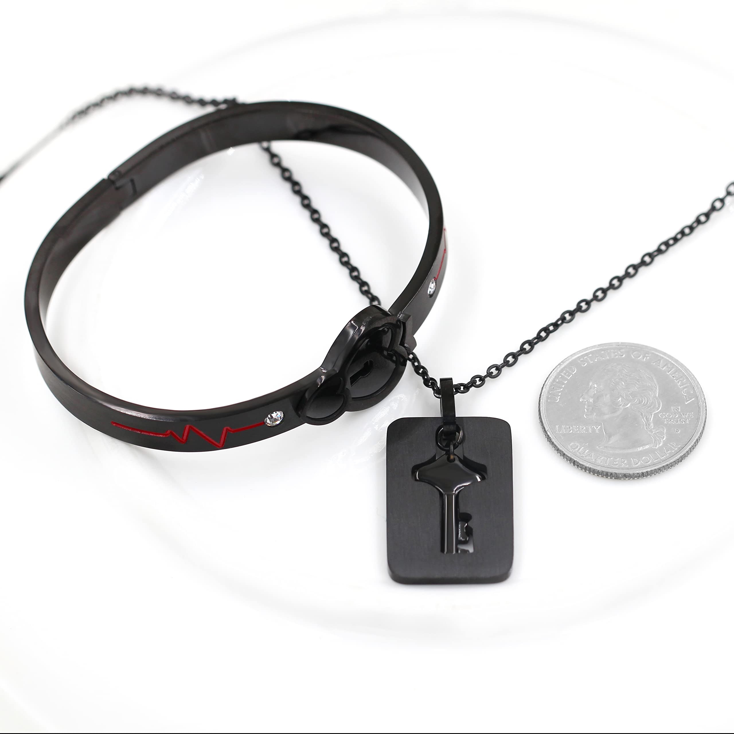 Uloveido Stainless Double Heart Infinity Love Lock Bangle Heartbeat Bracelet and Shield Key Pendant Necklace Couple Set for Men Women Y1891-Black