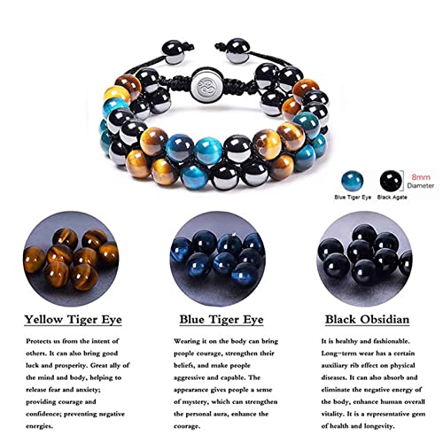 YUGESMGS 8mm Hematite Blue Tiger Eye Yellow Tiger Eye Double Layer Bracelet Man Women Handmade Natural Stone Bracelet