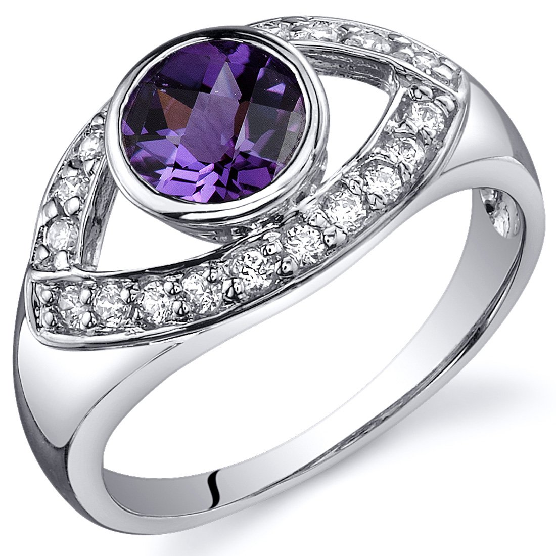 PEORA Simulated Alexandrite Ring in Sterling Silver, Enlightened Eye Design, Round Shape, 6mm, 1 Carat total, Size 8