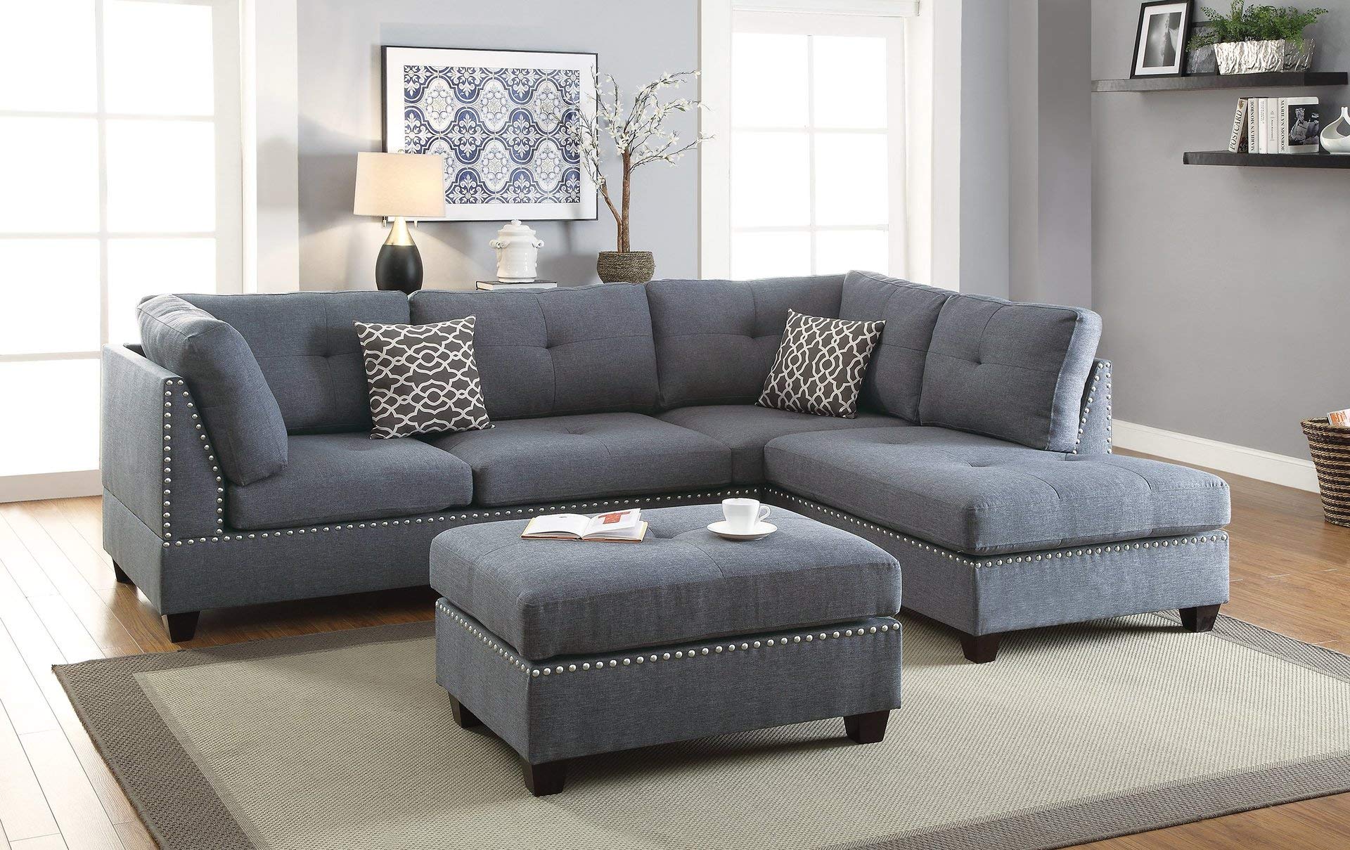 Poundex Bold and Beautiful 3-Piece Sectional Sofa Grey w/Silver Studs