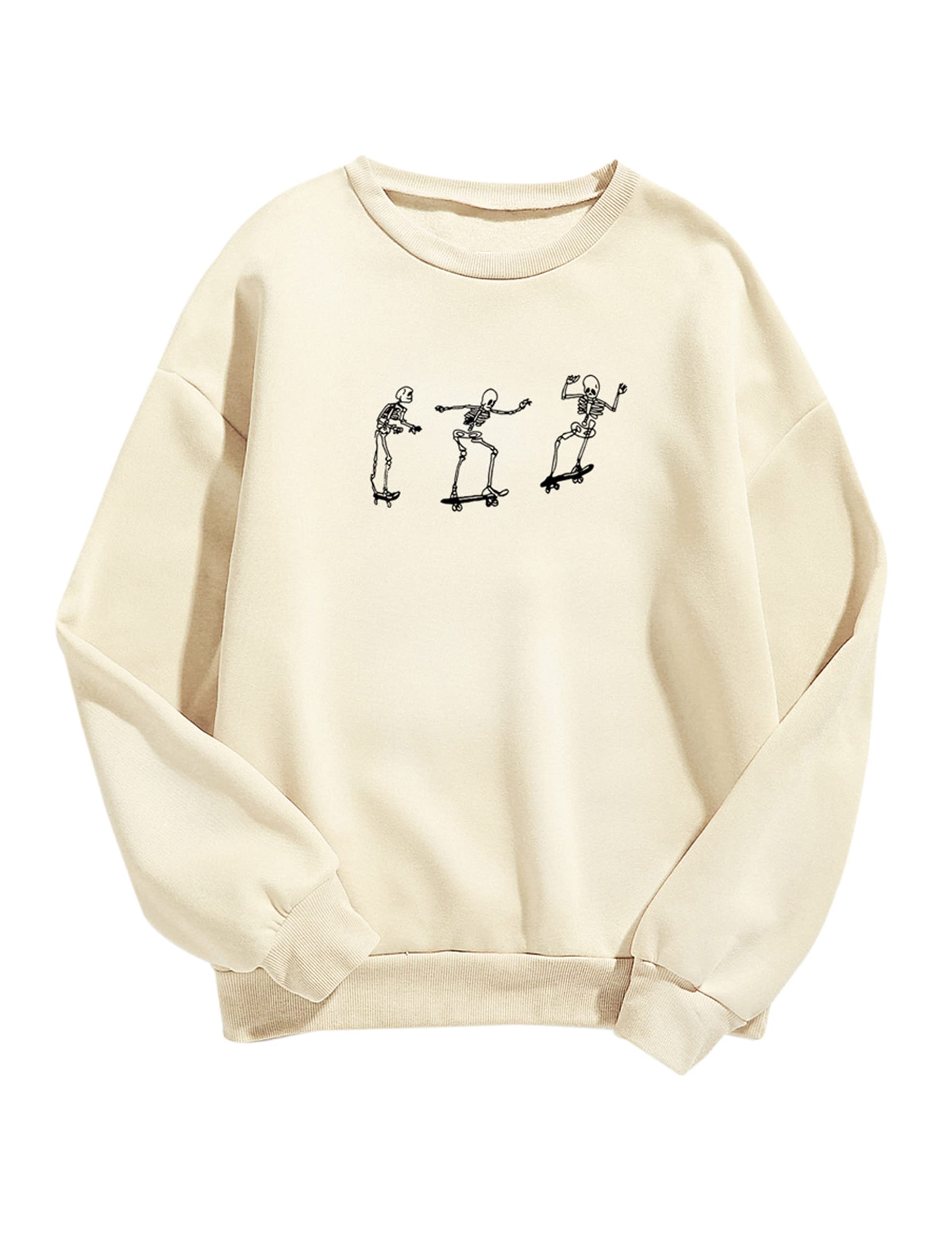 SAFIRSIOR Women skeleton Skateboard Graphic Print Fleece Sweatshirt Cute Crew Neck Long Sleeve Pullover Tops Apricot