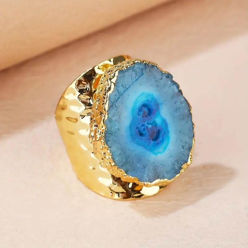 YEEVAA Natural Agate Quartz Geode Druzy Ring Healing Crystal Stone Adjustable Open Wide Gemstone Ring Jewelry Gift-1PC (Blue Agate,Gold Plated)