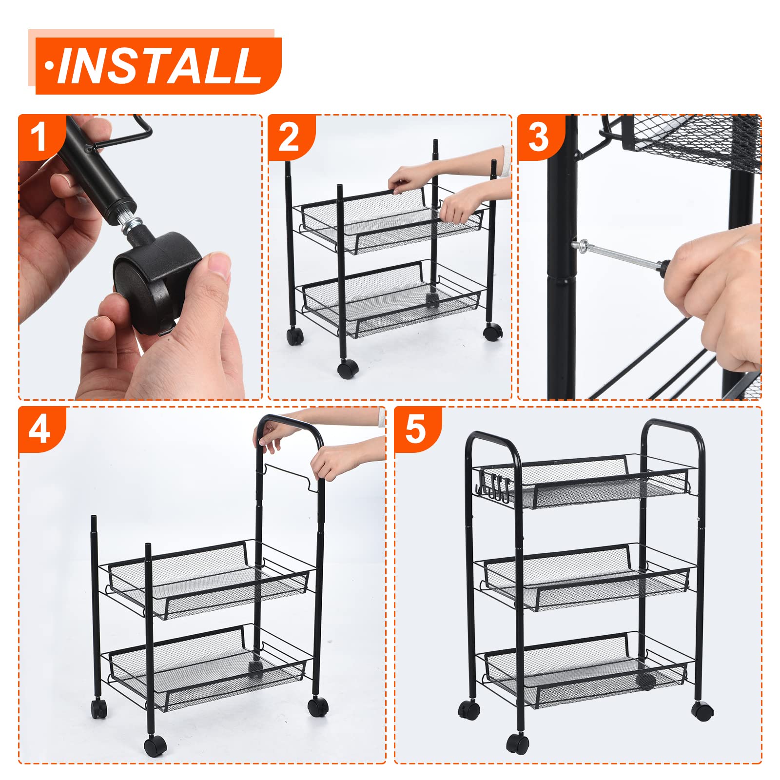 PATIKIL 4 Tier Rolling Cart, Metal Mesh Trolley Utility Storage Organizer Cart with Hooks Wheels for Bathroom Office, Black