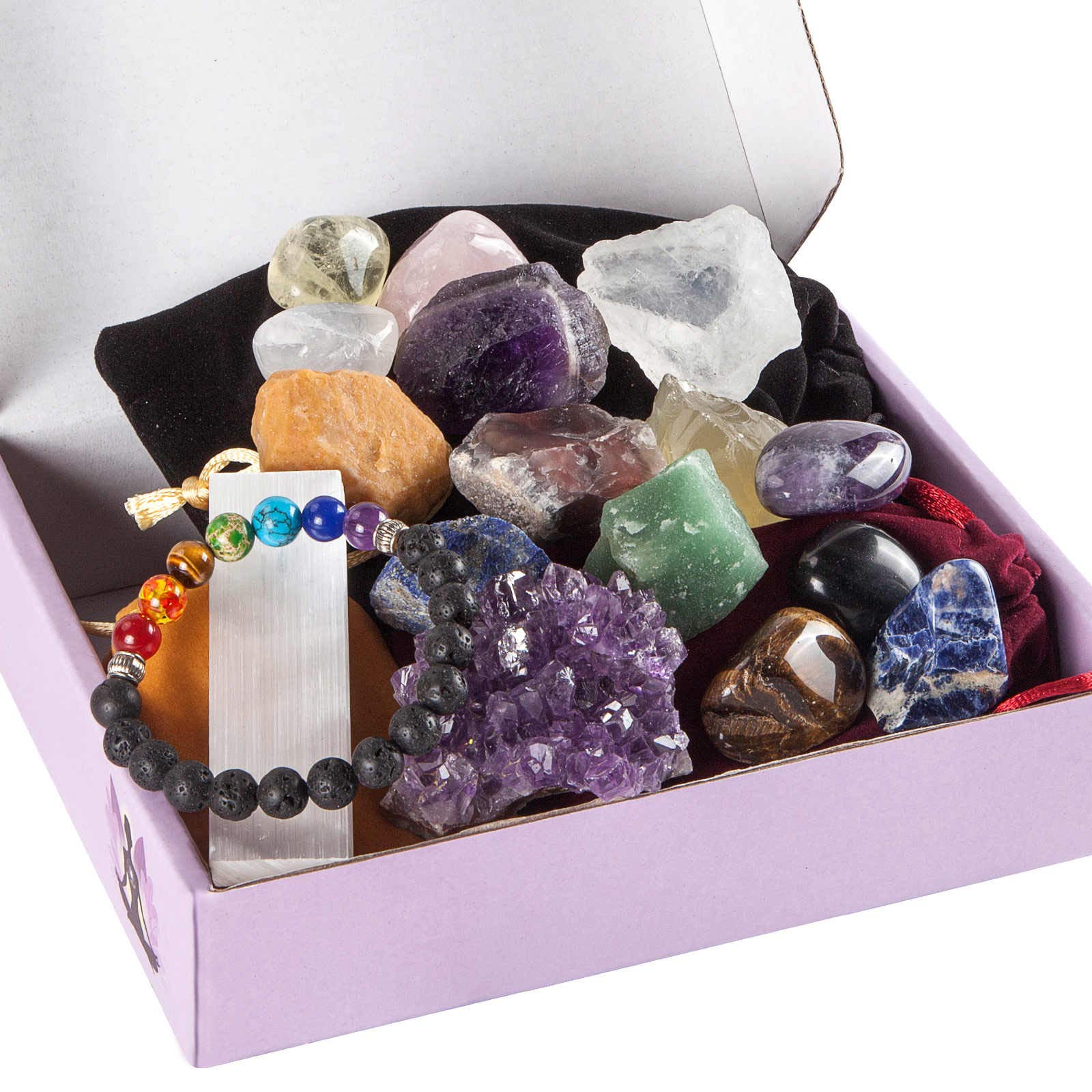 SmartYeen Healing Crystals Set,17PCS Crystal Healing Stones Kit include 7 Raw Chakra Stones,7 Tumbled Stones,Amethyst Crystal,Lava Bracelet and Selenite for Yoga, Meditation