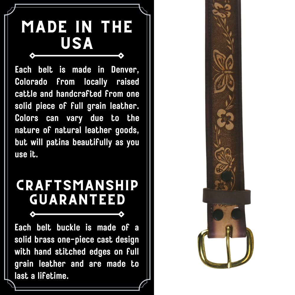 R.G. BULLCO 1-1/2" Handcrafted Women's Leather Belt - Butterfly & Floral Embossed, Full Grain Leather - Brown - Size 40 - RGB-5517