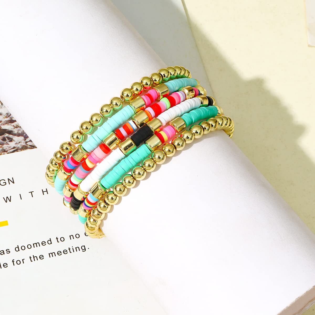 TOOLIPOUR Colorful Beaded Bracelet for Women Gold Beads Stretch Bracelet Heishi Beads Bracelet Stacking Gold Beaded Bracelet Set (Light blue)