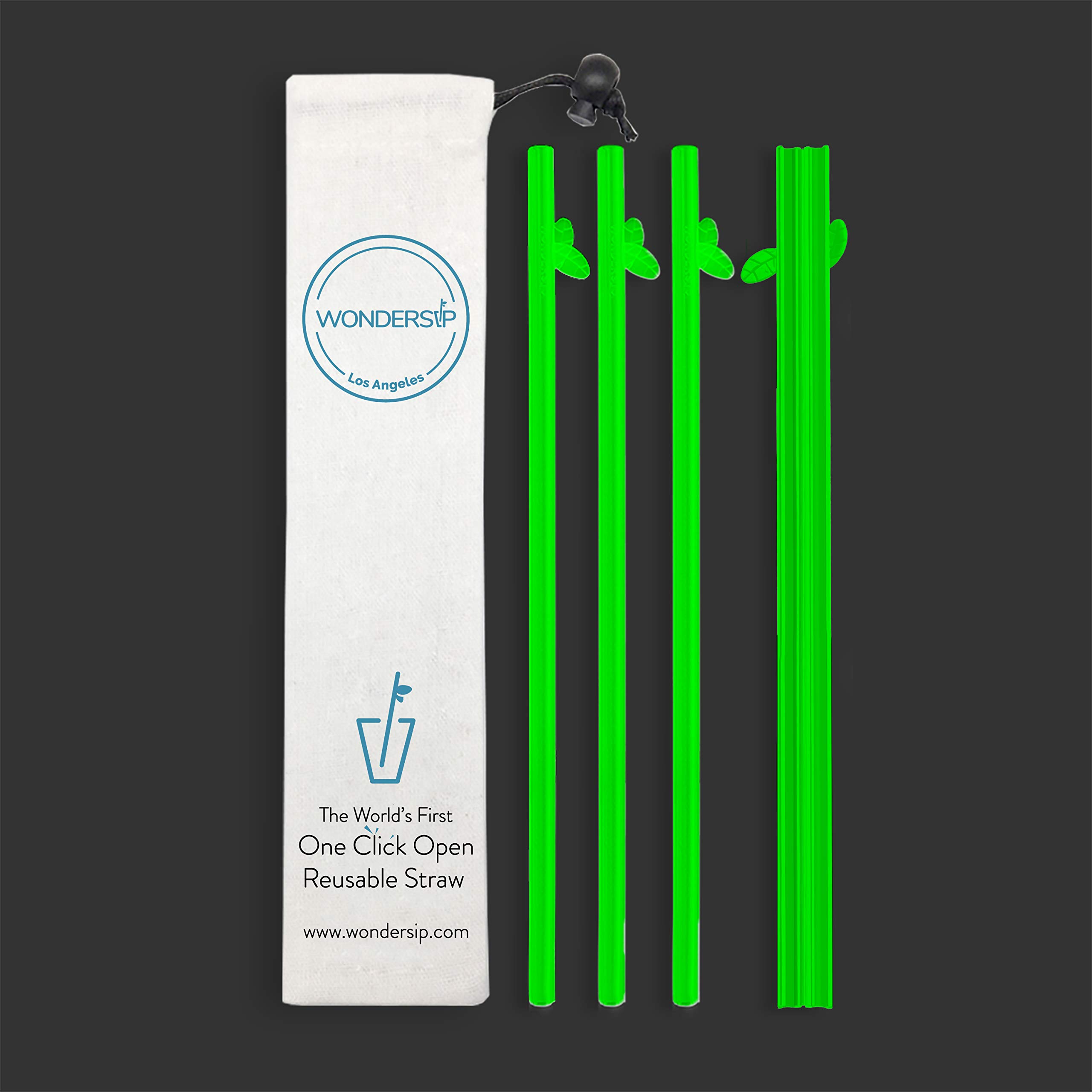 WonderSip One-Click Open Reusable Straw for Easy and Effective Cleaning, No Brush Needed! - Glow in The Dark - 4 Straw Pack with Pouch (Leaf Long 10.5")