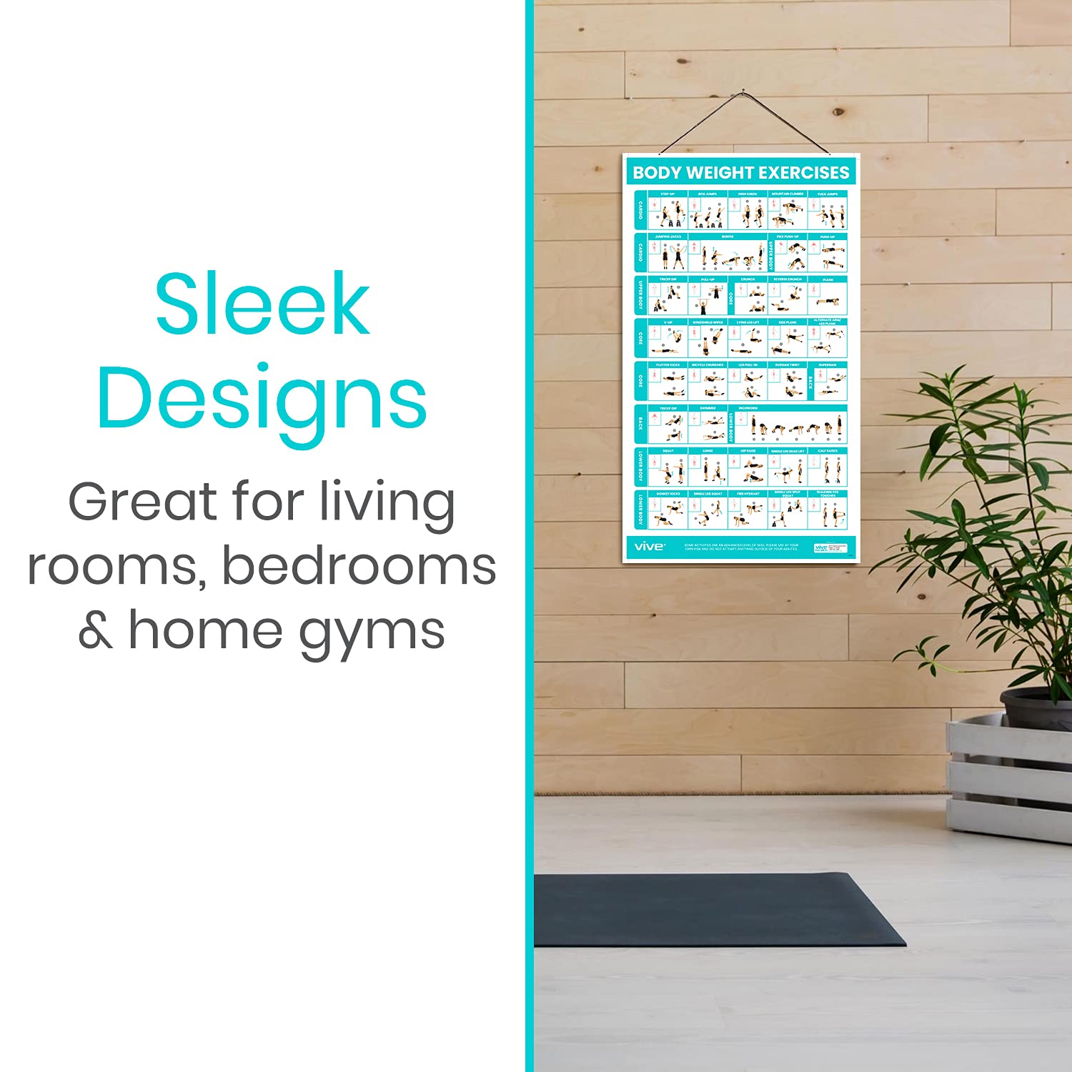Vive Yoga Poses + Stretching Exercises + Resistance Band Workouts Poster for Home Gym (3 Pack) - 149 Illustrations for Flexibility, Strength, Core, Exercising, Pilates Mat - Work Chart Set, Laminated 30" x 17"