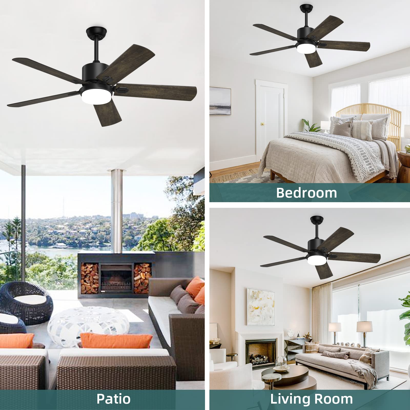 Obabala Ceiling Fans with Lights and Remote, Outdoor Black Fan with Lights for Patio Farmhouse Bedroom,52 Inch