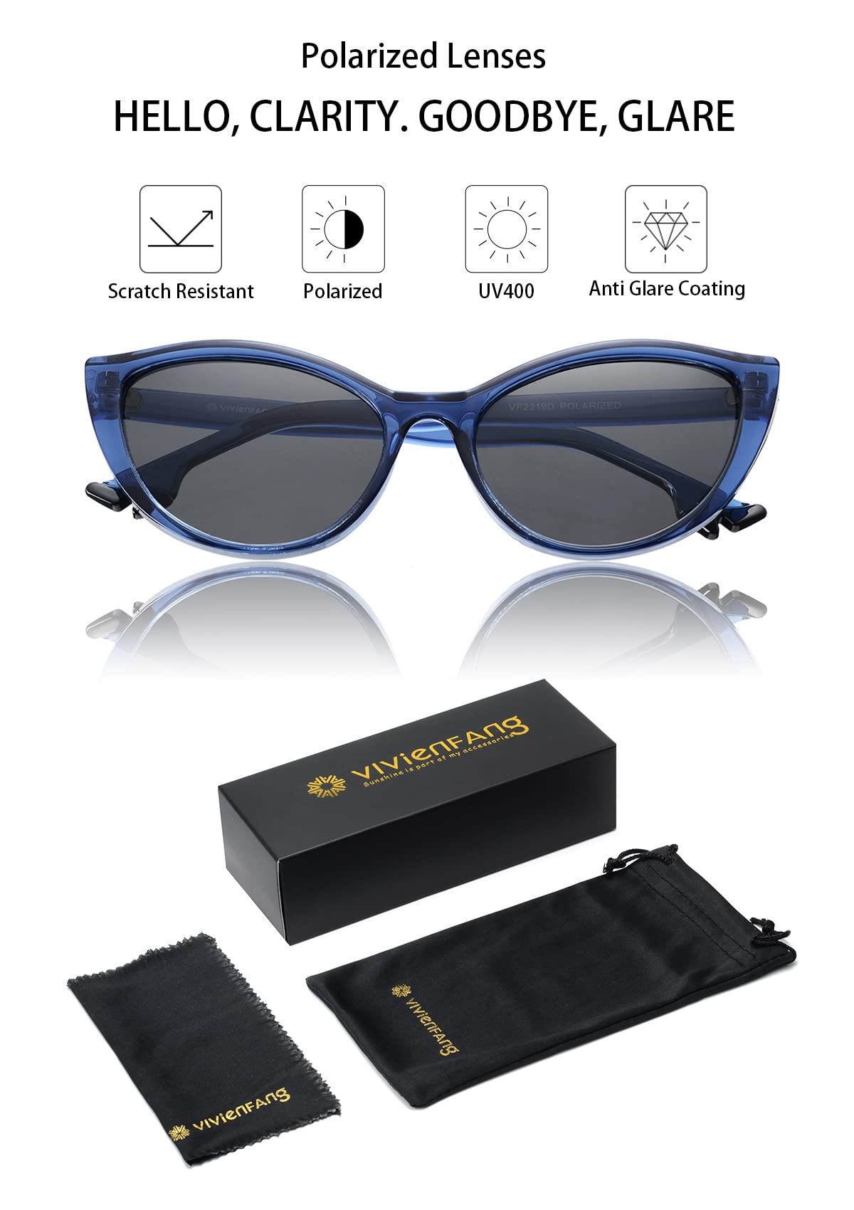 VIVIENFANG Retro Polarized Cat Eye Sunglasses for Women, Vintage Designer Navy Blue Cateye Women's Shades VF2219D