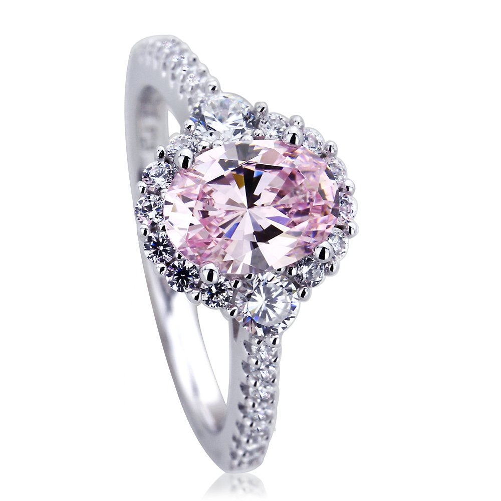 Platinum Plated Sterling Silver Ring 1.2 CT Oval Super Light Pink CZ Stone Halo Ladies Cocktail Ring (Size 5 to 9), 7