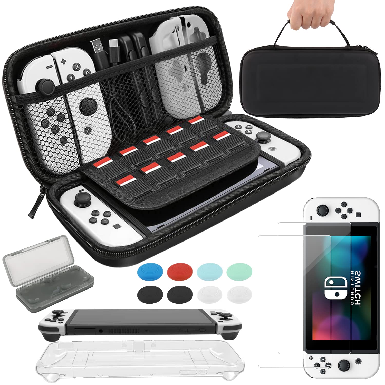 Switch Accessories Bundle for Nintendo Switch OLED Model 2021, Accessories Kit with Carrying Case, Cover Case, Screen Protector Glass, Joy-Con Thumb Grip Caps, Game Card Case Switch Accessories Bundle for Nintendo Switch OLED