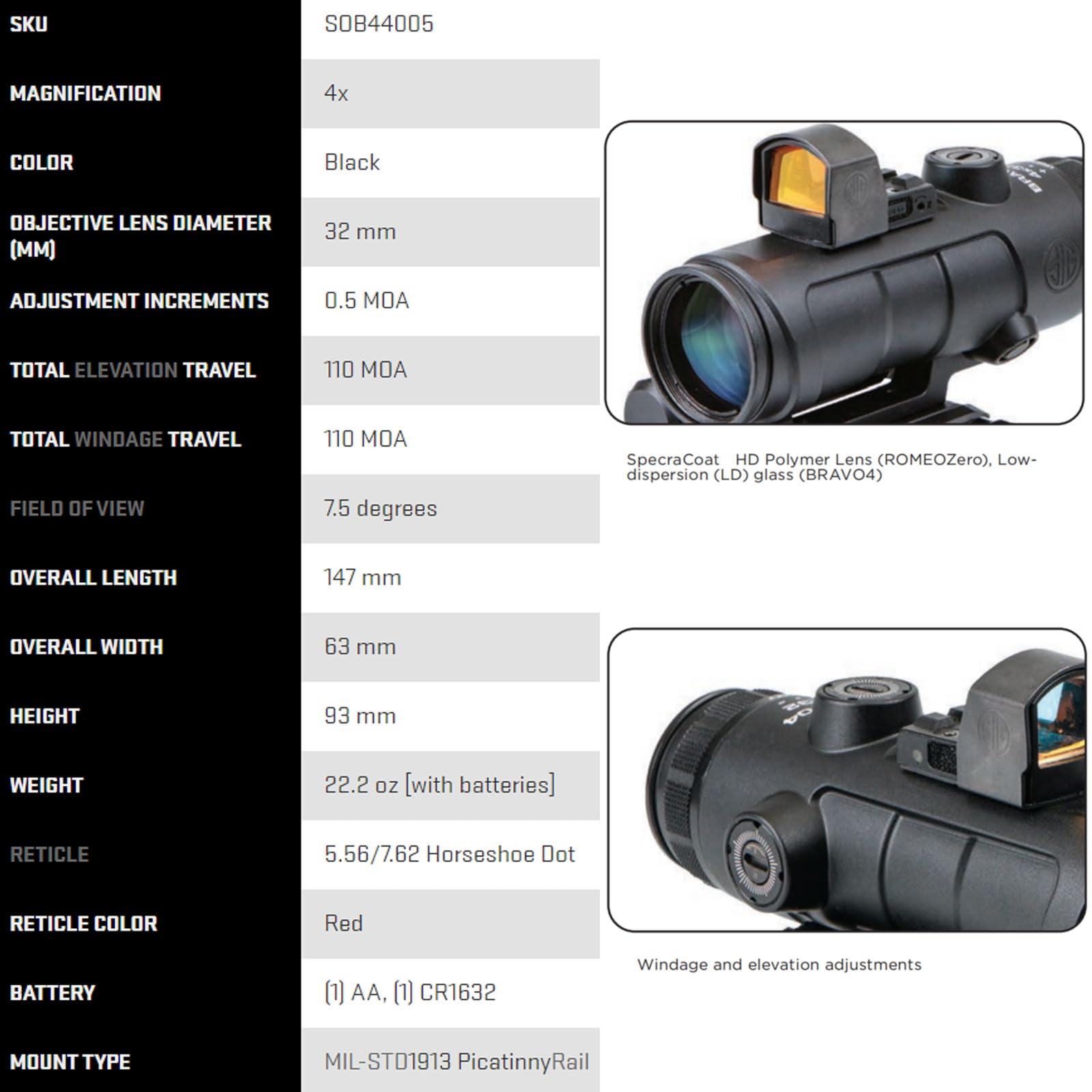 Sig Sauer BRAVO4 Battle Pack | Tactical Hunting Shooting Durable Waterproof Fogproof Illuminated 5.56/7.62 Horseshoe Dot Reticle 4X32MM Optic Sight | ROMEOZero Sight & Accessories Included
