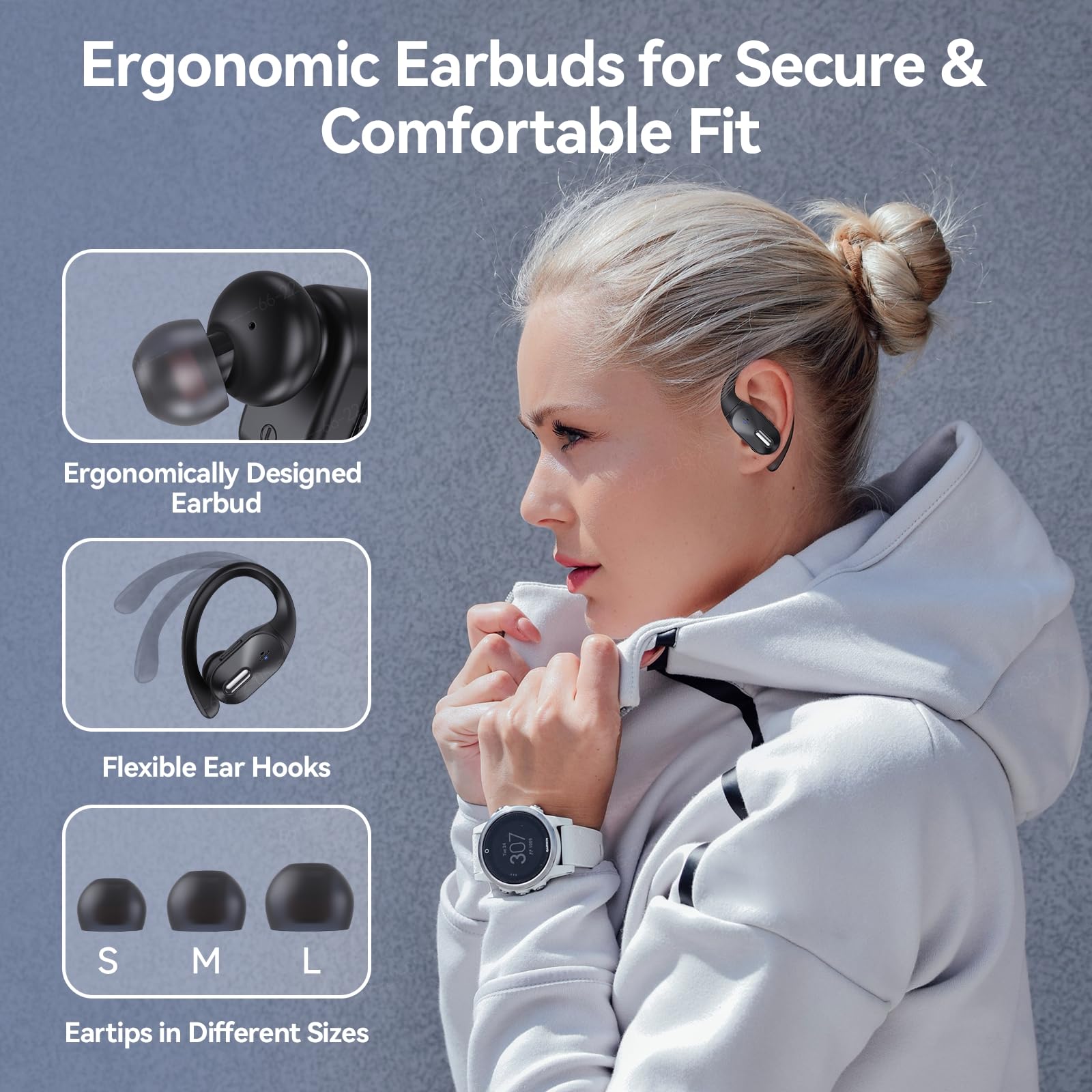 Orancu Bluetooth Headphones Wireless Earbuds Bass Stereo Sound with Wireless Charging Case 48H Playback Earphones LED Display with Built in Mic and Over Earhooks Waterproof Headset for Running