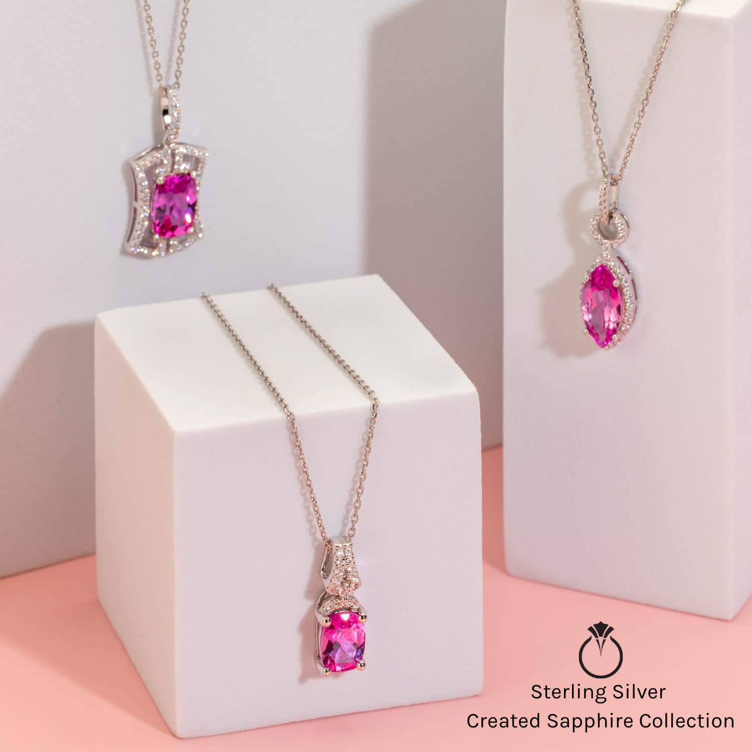 PEORA Sterling Silver 4 Carats Created Pink Sapphire Floating Teardrop Pendant Necklace for Women, Pear Shape 12x8mm, with 18 inch Chain