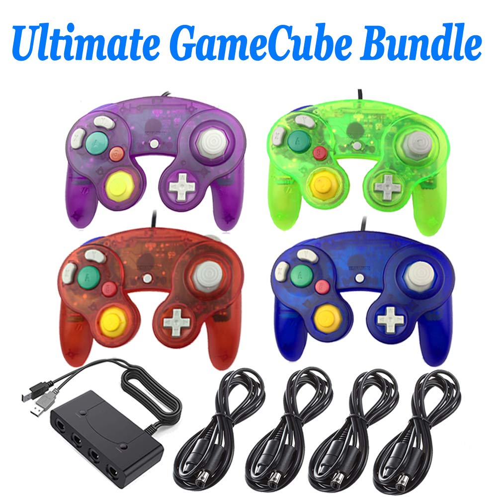 Reiso 4 Pack Controllers for Game Cube, with 4 Game Cube Extension Cables and 4-Port Game Cube Adapter for Switch PC Wii U Console
