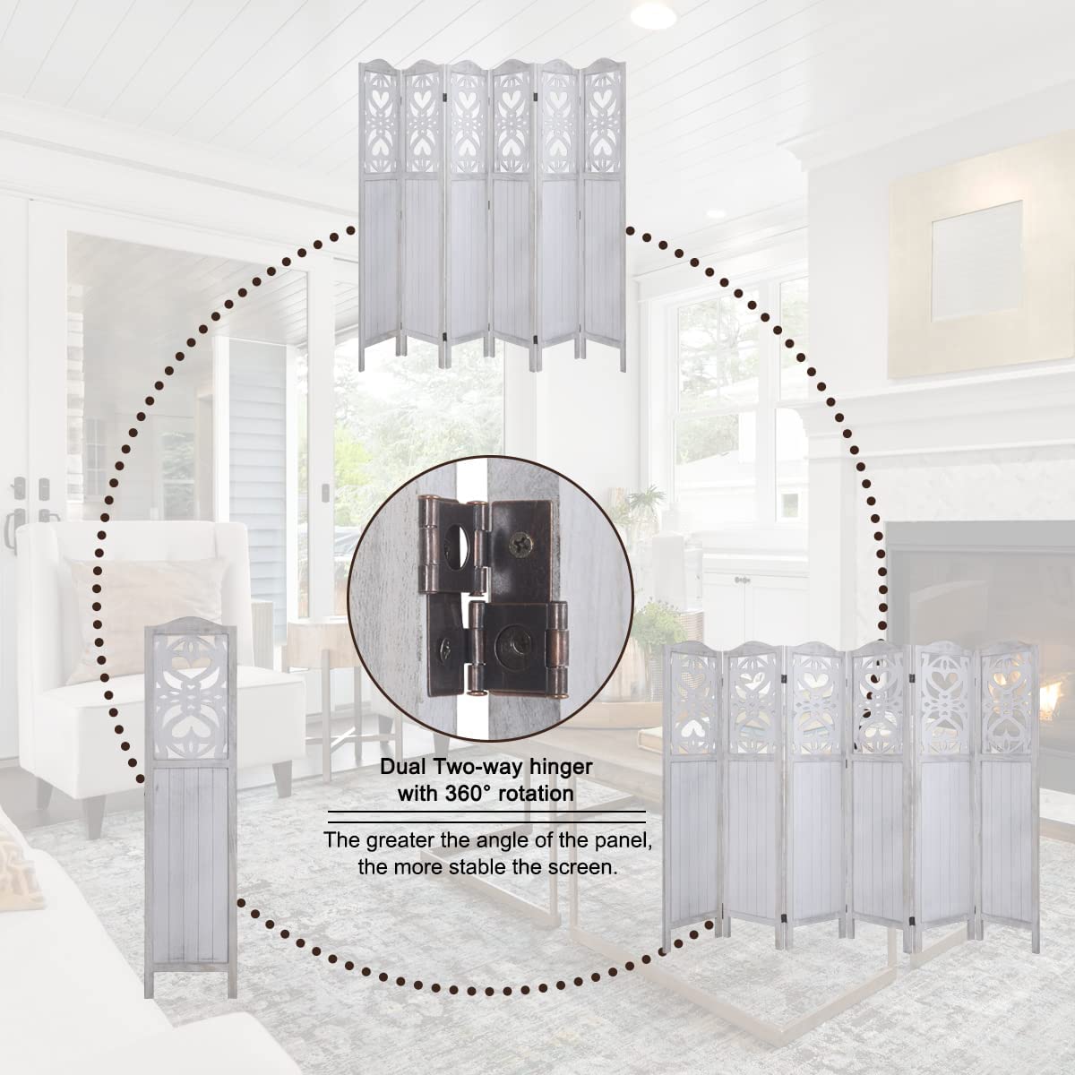 Rose Home Fashion RHF 5.6 ft. Tall- Cutout Room Divider,Double Hinged, Folding Room Dividers,Panel Screen, Room Dividers and Folding Privacy Screens, Free Standing,(6 Panel,White)