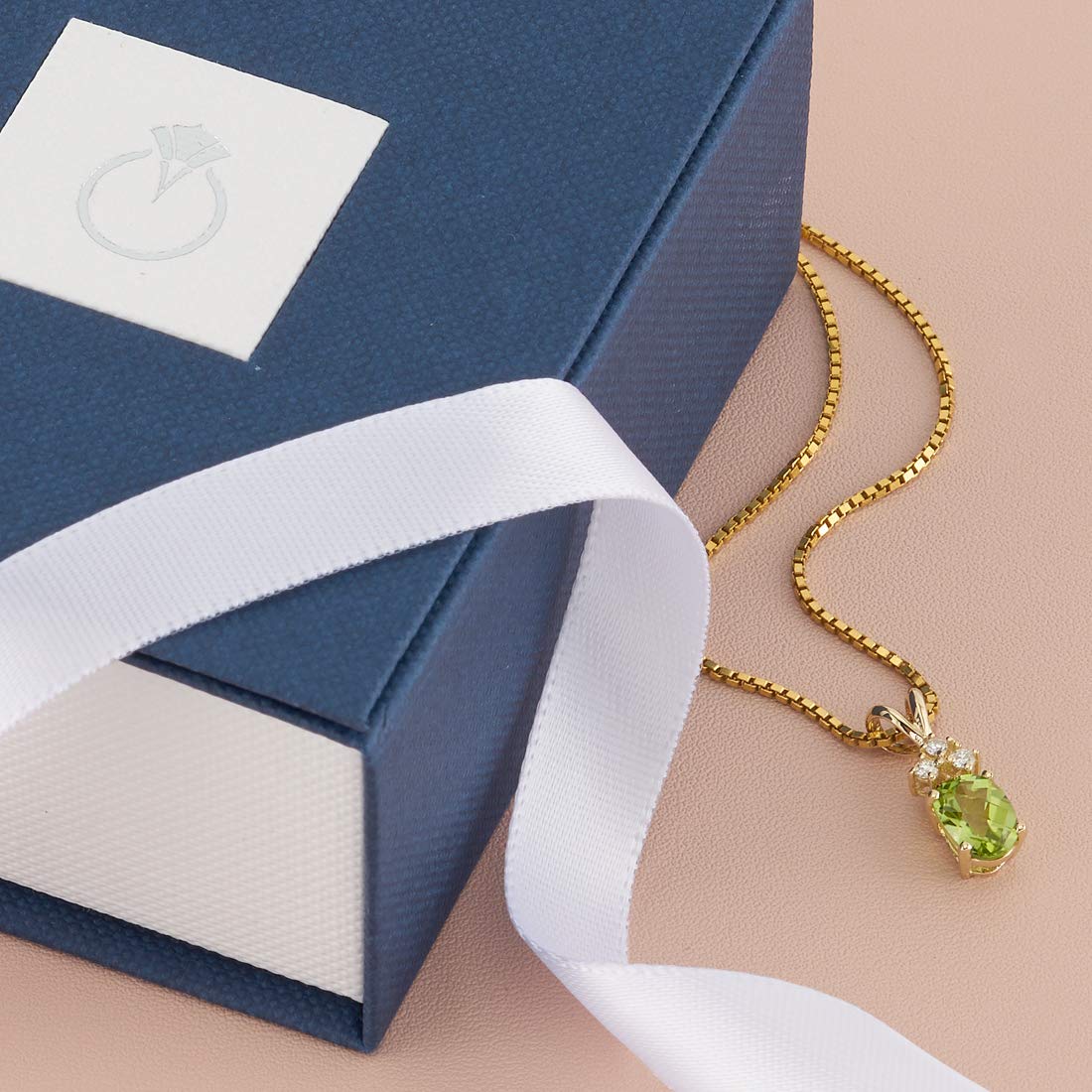 PEORA 14K Yellow Gold Peridot and Diamond Pendant for Women, Genuine Gemstone Birthstone, Hypoallergenic Solitaire, Oval Shape, 7x5mm, 1 Carat total