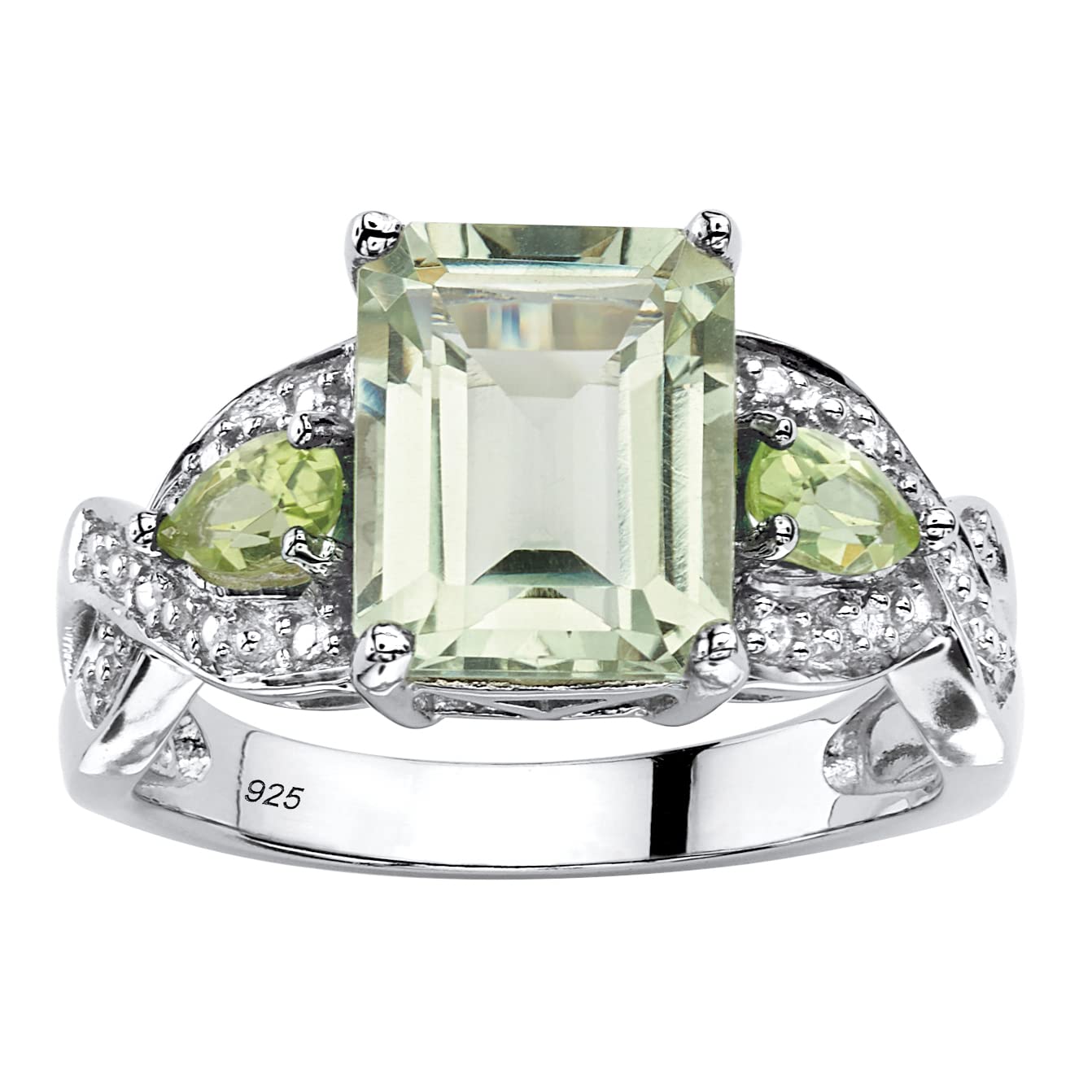 PalmBeach Platinum-plated Sterling Silver Emerald Cut Genuine Green Amethyst and Pear Genuine Peridot Ring Sizes 6-10 Size 9