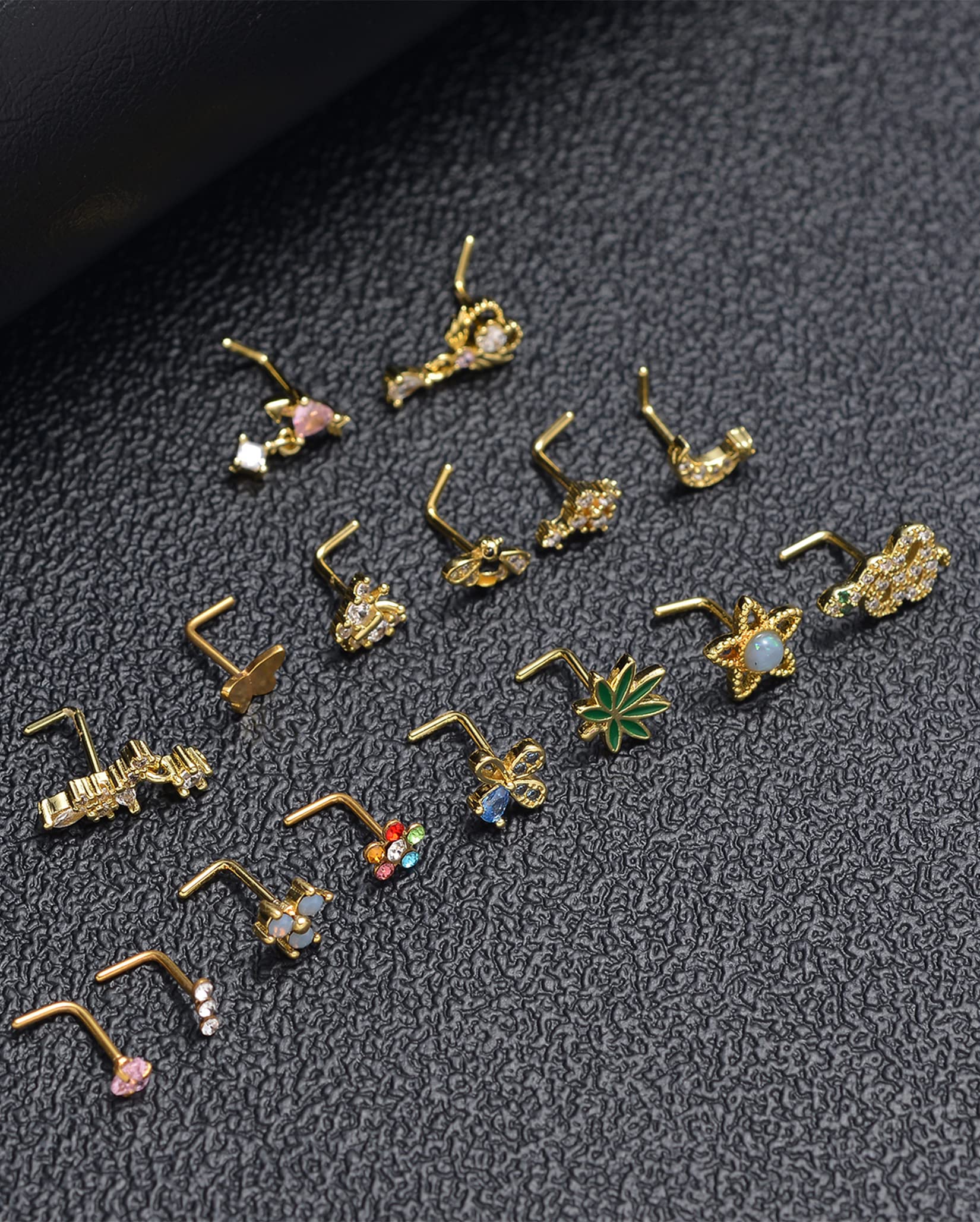 Tornito 16Pcs Nose Stud Ring L Shaped Nose Ring Heart Moon Bee Snake Leaf CZ Nose Studs Body Piercing Jewelry for Women Men 20G Gold Tone